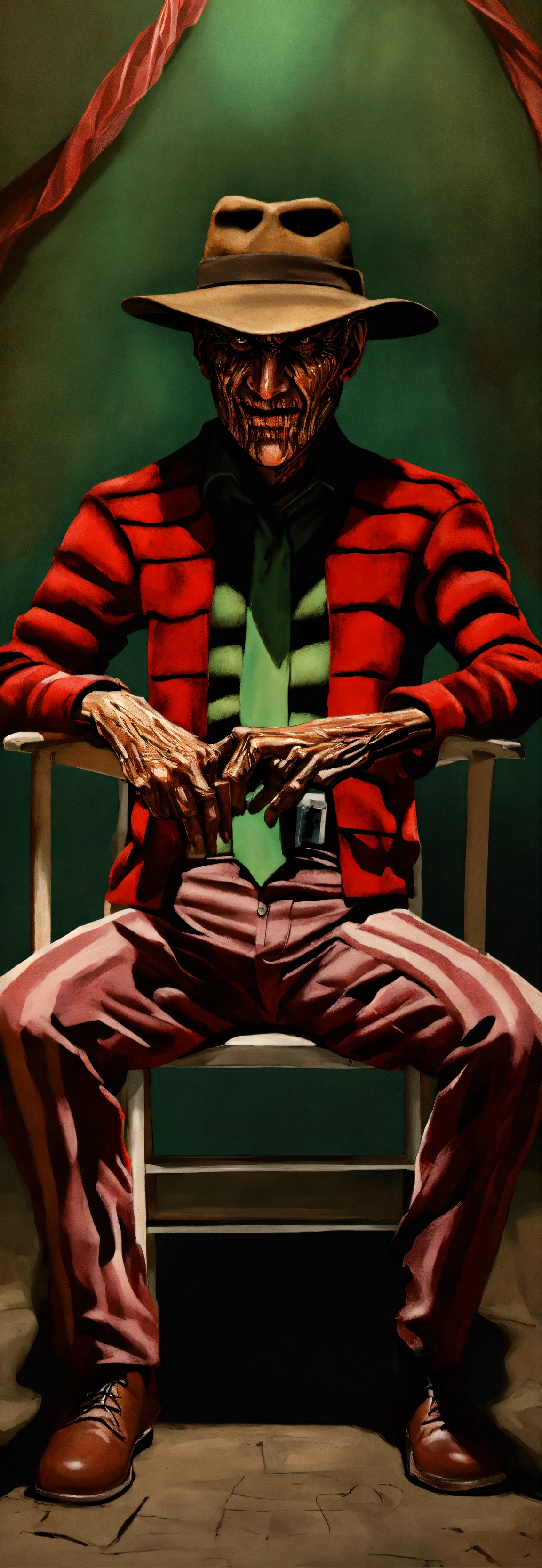 Lexica - Freddy Krueger sitting on a chair in the foreground, menacing ...