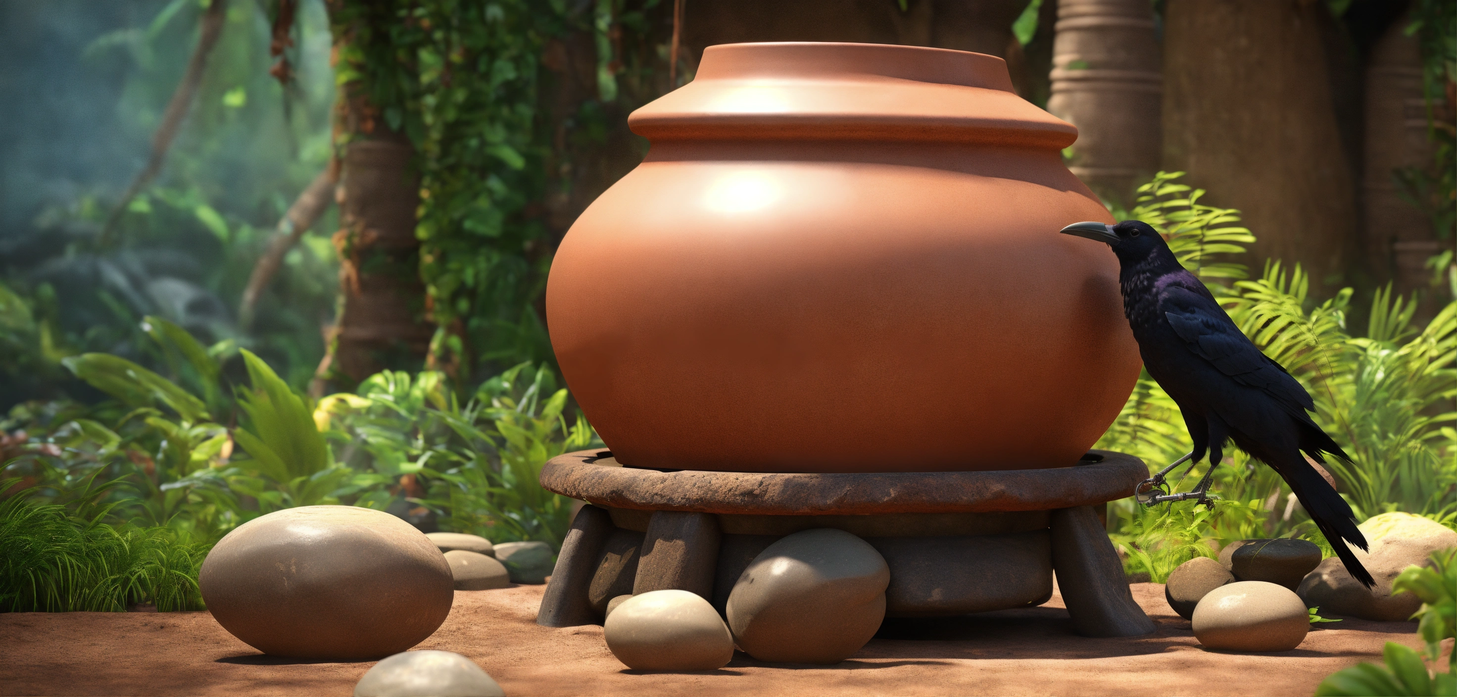 Lexica - 3d animation style big clay pot in jungle fill with water and ...