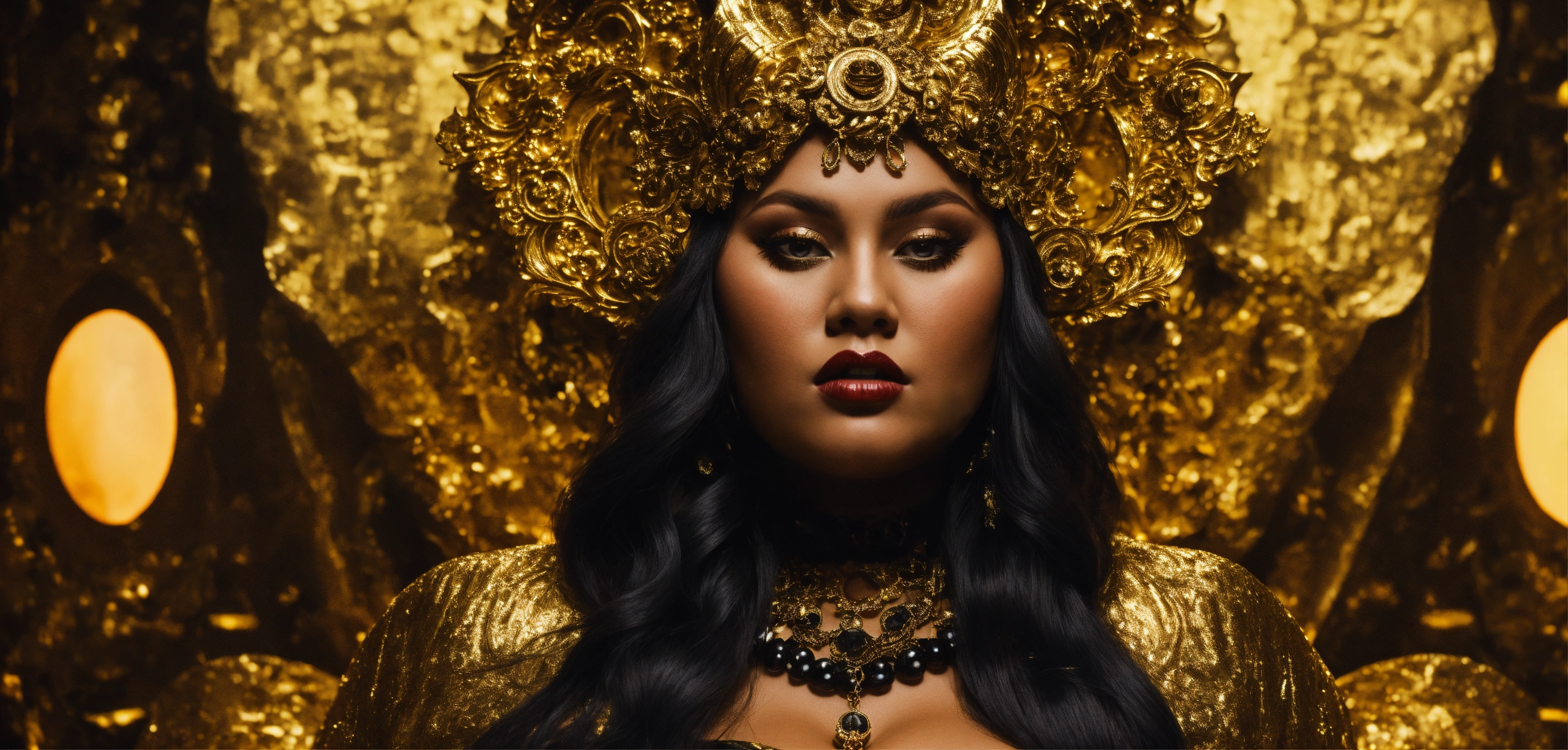 Lexica - An inscrutable plus-size model hell goddess, black gold ...