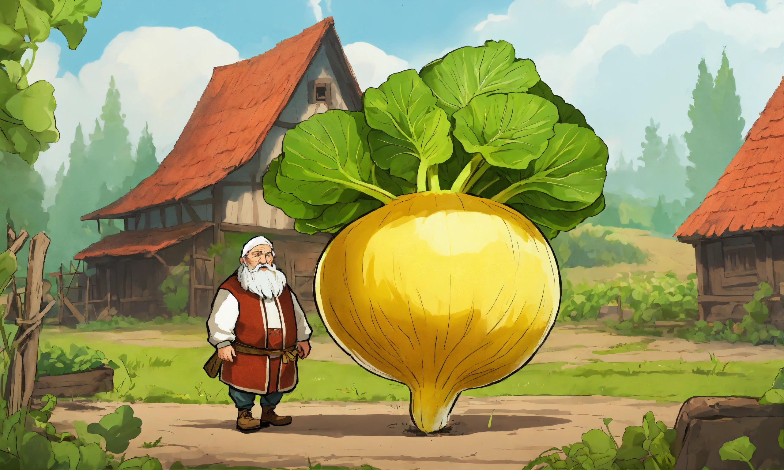 Lexica - Cartoon style giant yellow turnip with huge green leaves is in ...