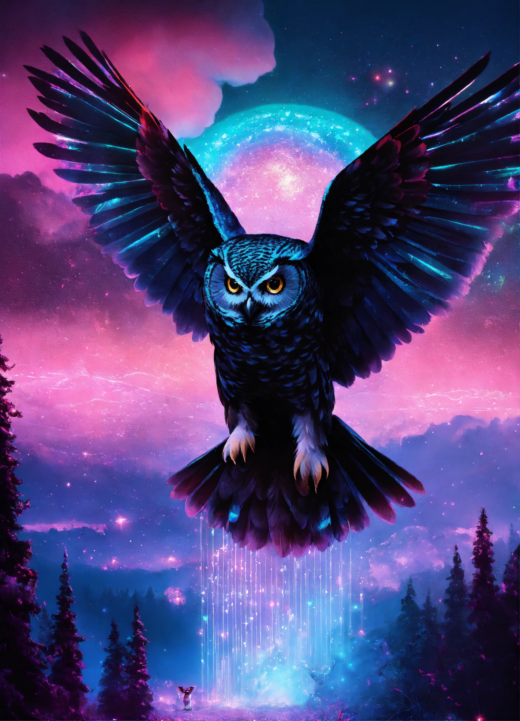 Lexica - OWL flying made of diamonds and glitter black neon light DMT ...