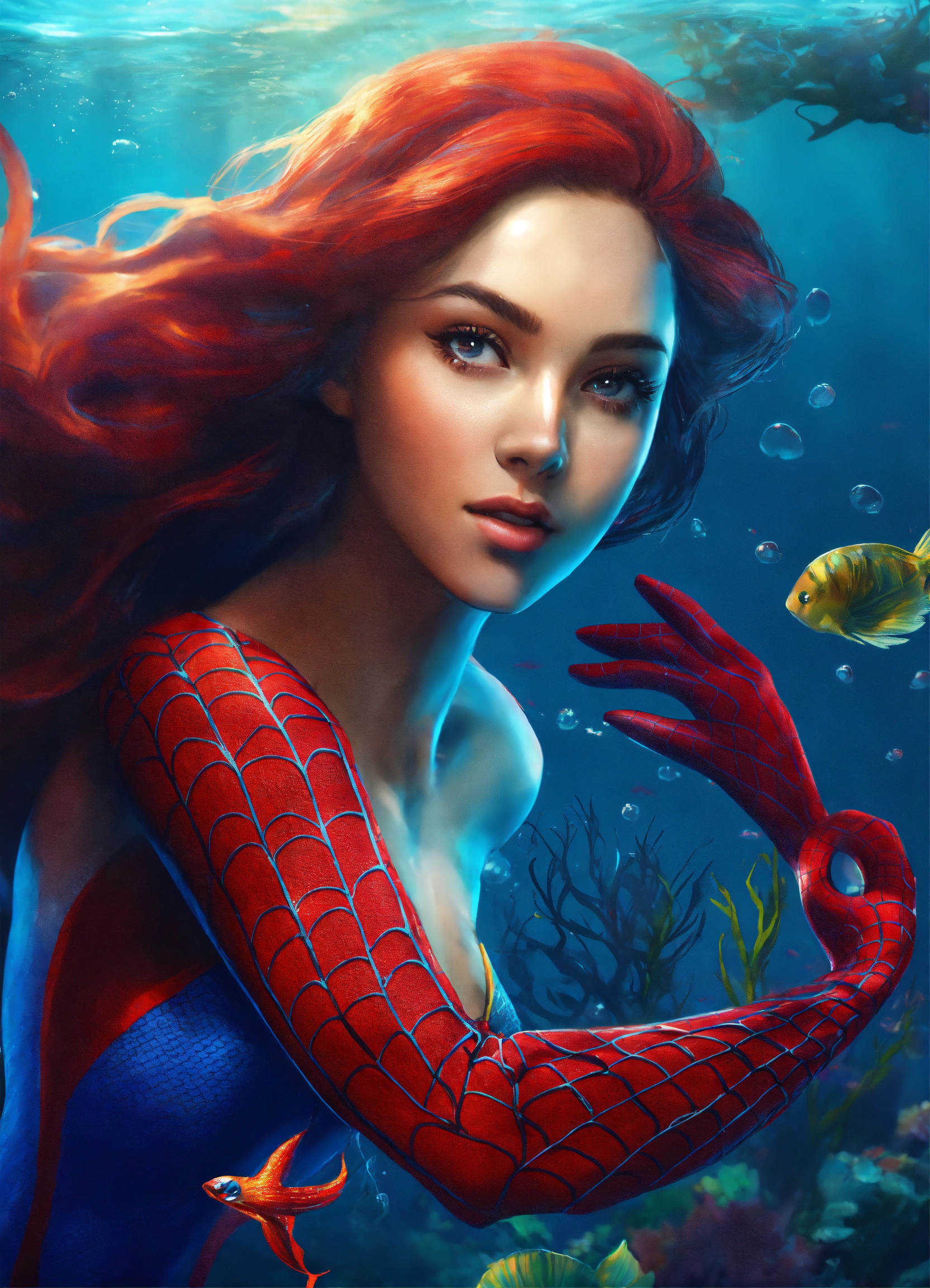 Lexica - Spiderman with a beautiful mermaid in underwater, 2D render ...
