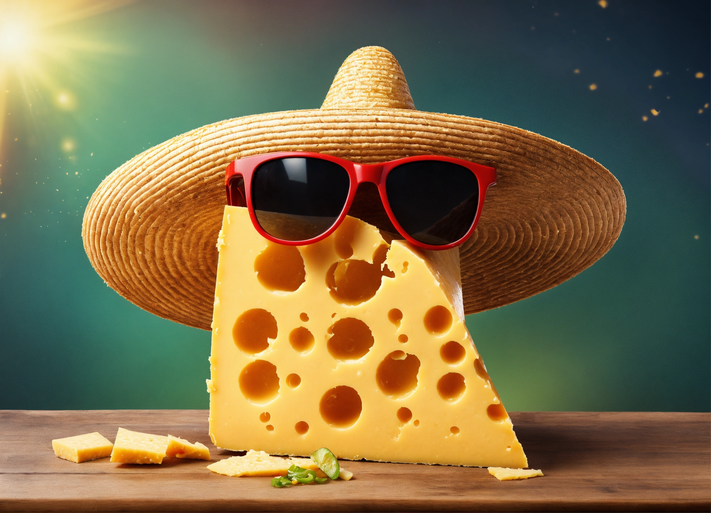 Lexica - Generate a comical image of a piece of cheese wearing ...