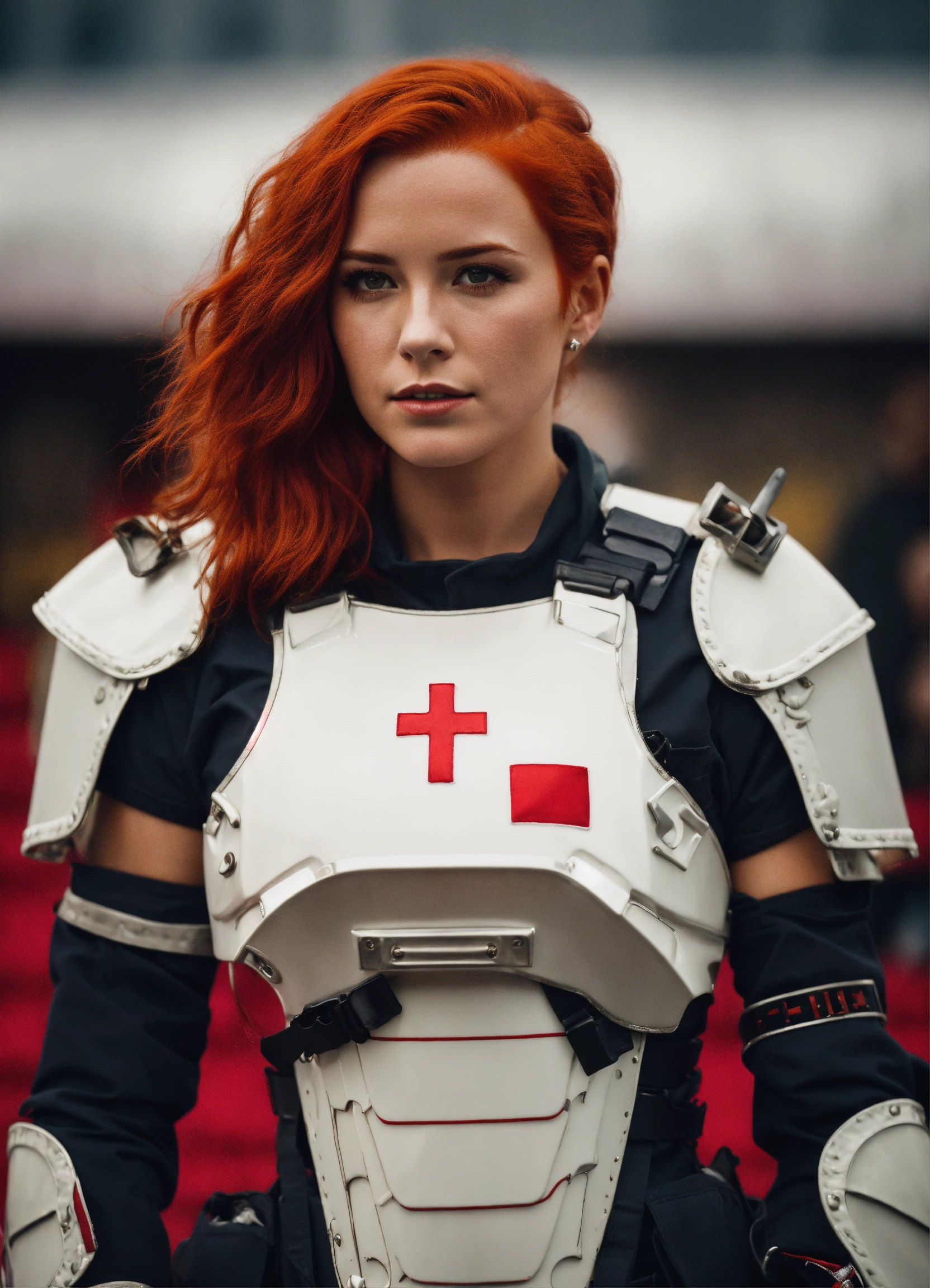 Lexica - Female with red hair and wearing metal white military armor ...