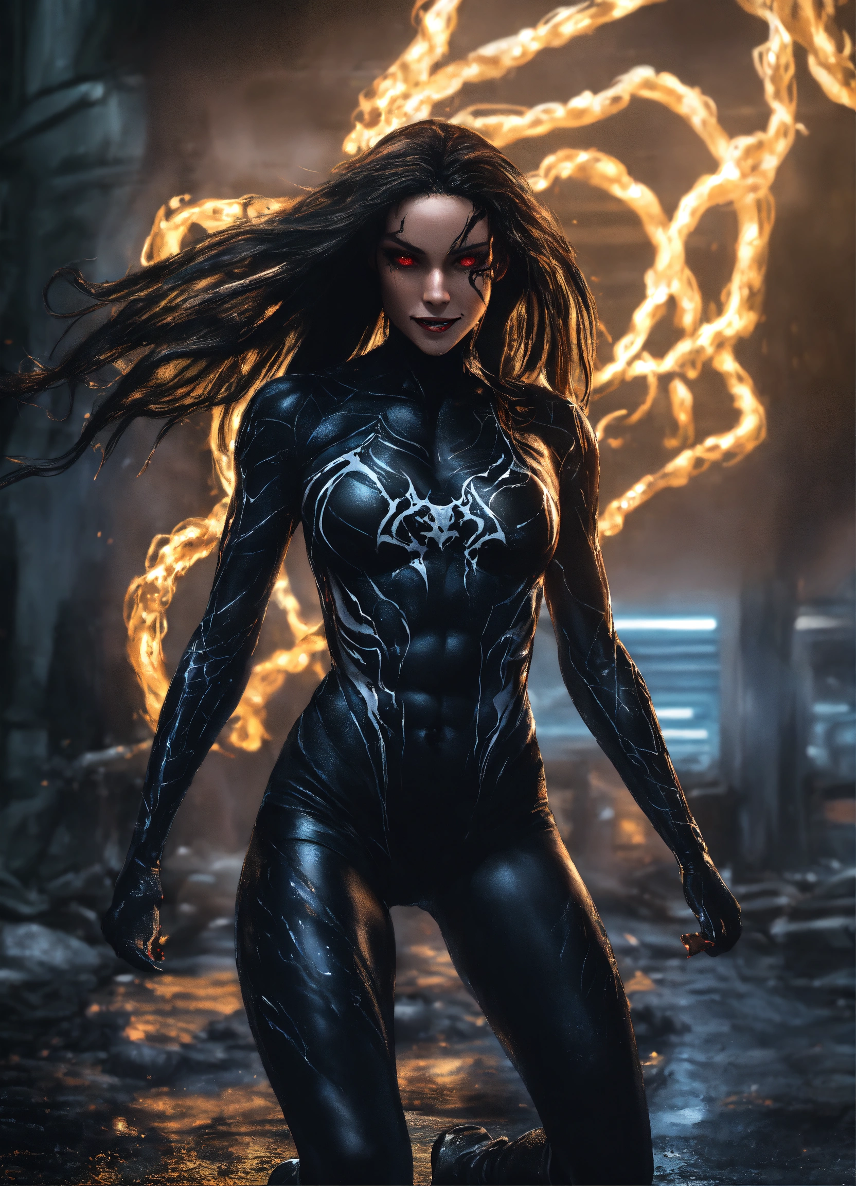 Lexica - An ultrarealistic full body photo of woman in short pants fighting venom symbiote ...