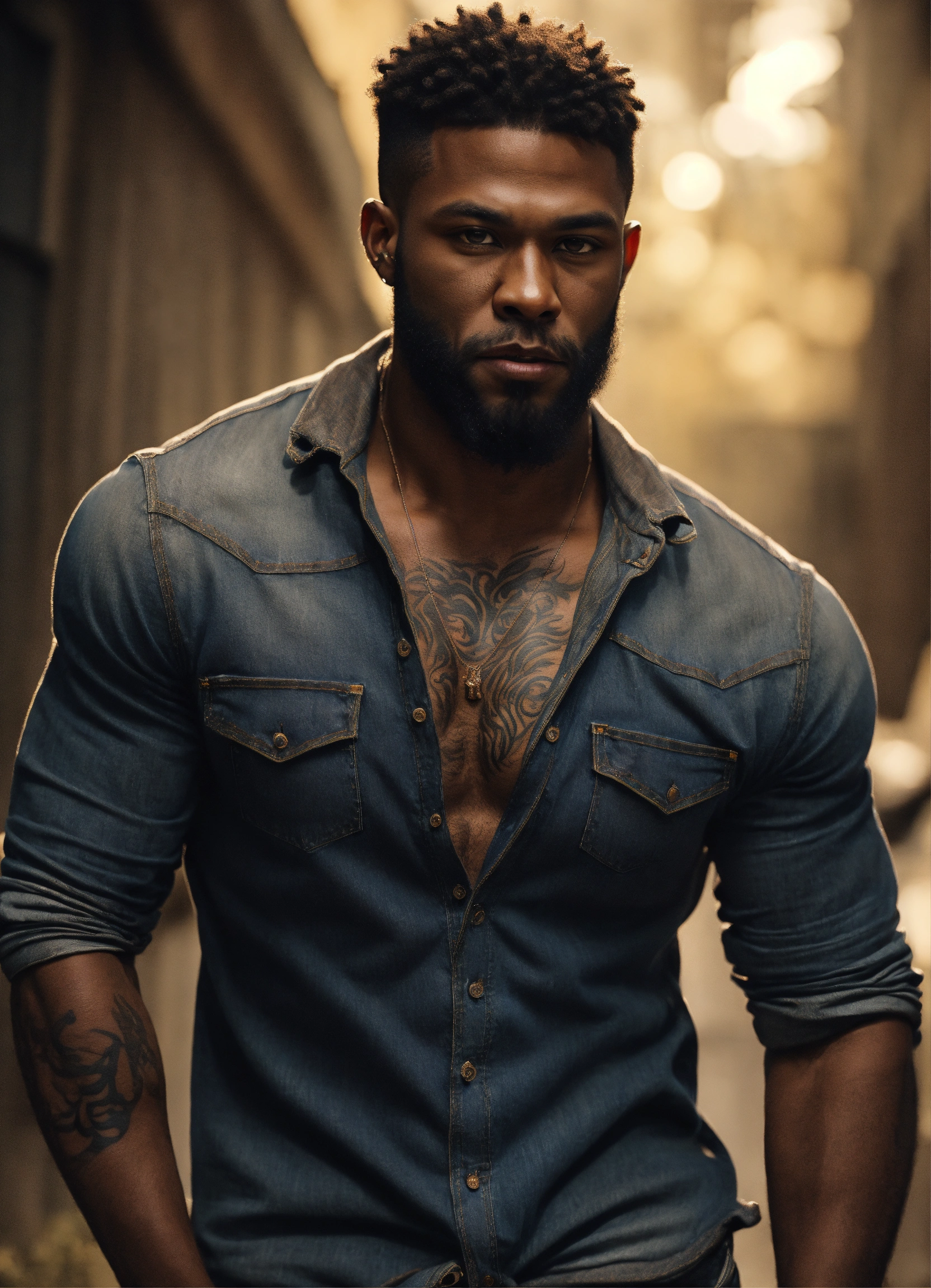 Lexica - Very Handsome black male werewolf, light eyes, beard, wearing ...