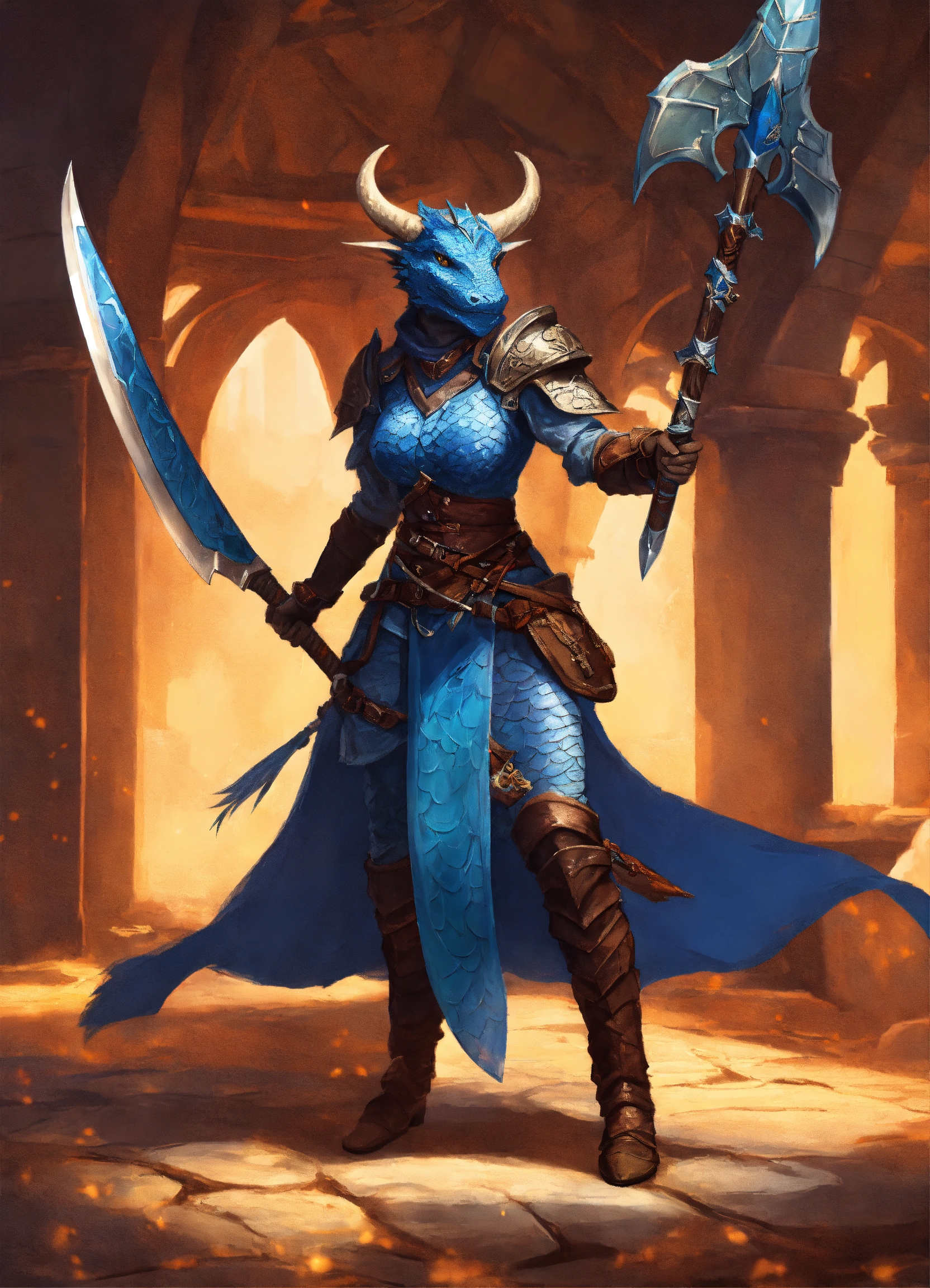Lexica - Dragonborn, blue scales, female, swinging a glaive, fantasy ...