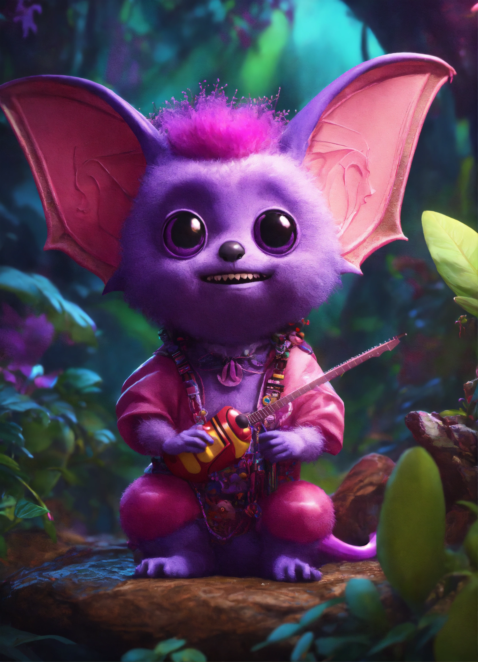 Lexica - Cute silly fuzzy pink and purple alien fruitbat character with ...