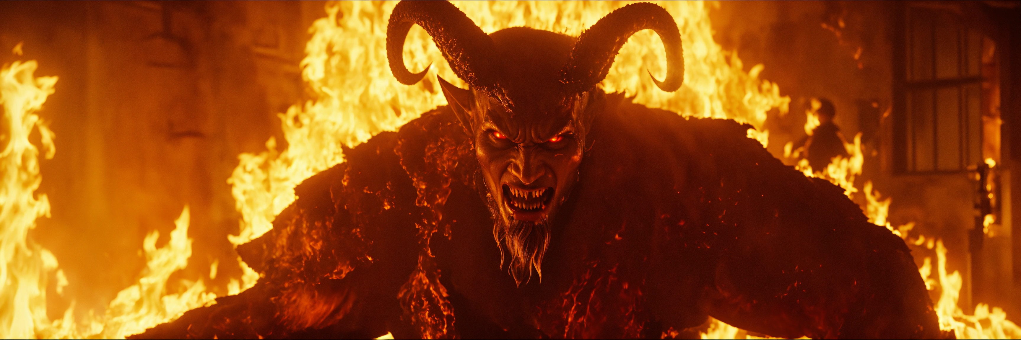 Lexica - Lucifer, filled with anger, in a haunted house engulfed in fire.