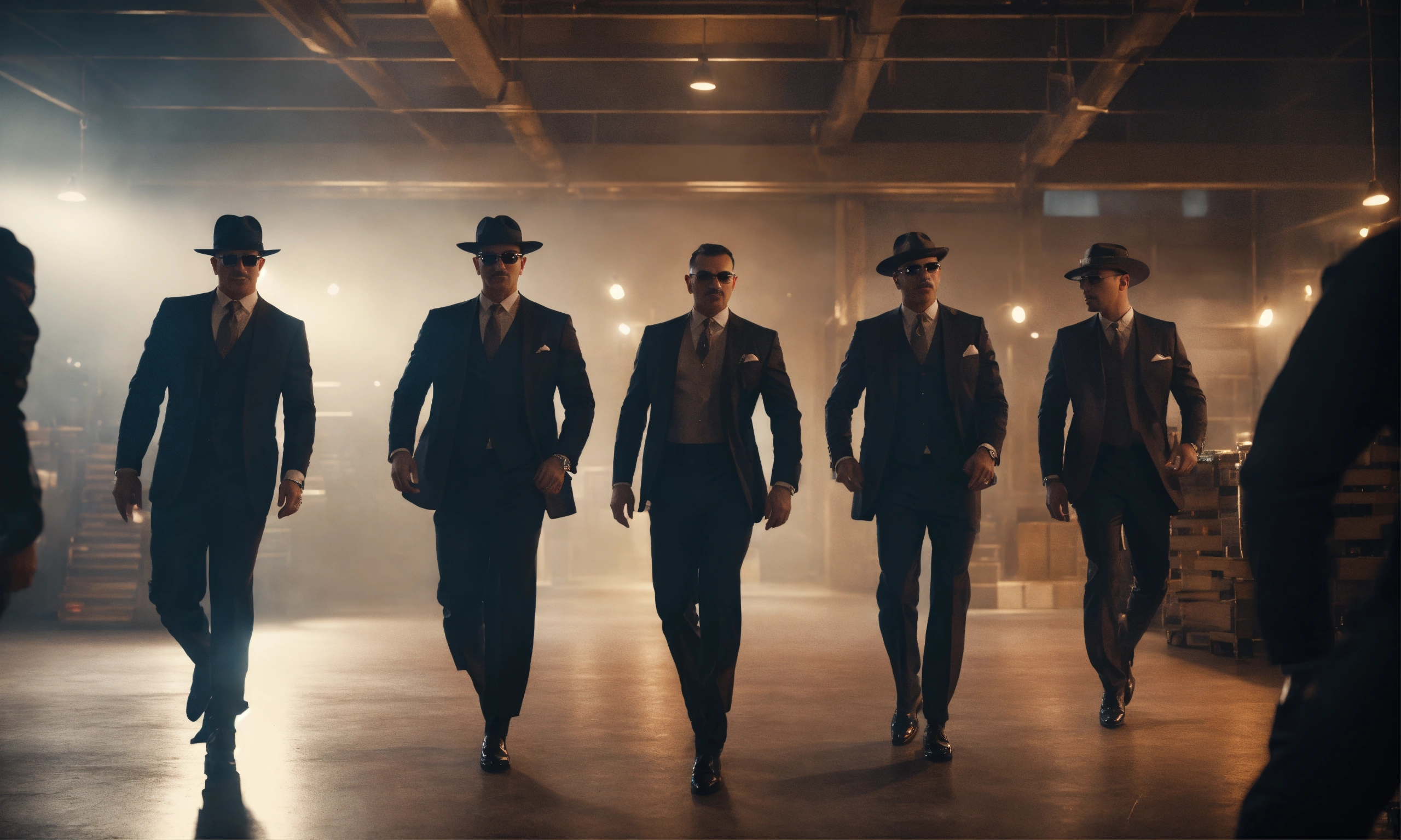 Lexica - Group of mafia gangsters dancing in fashion warehouse, smoky ...