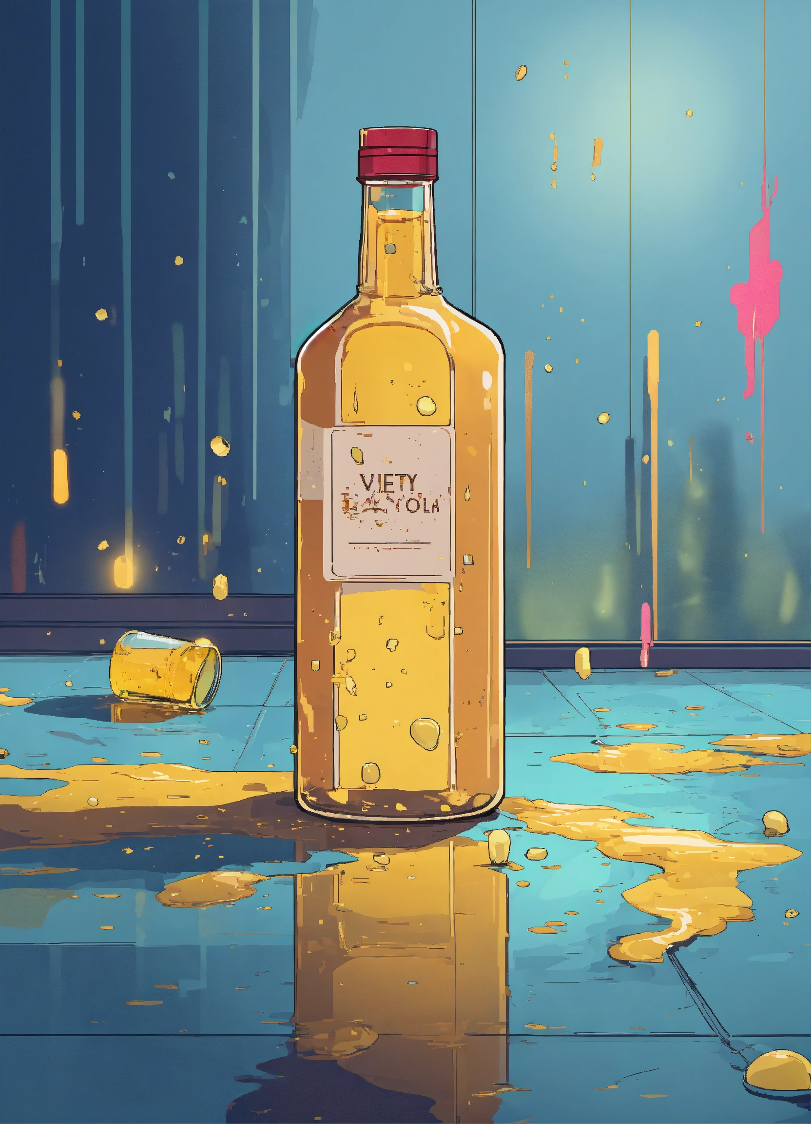 Lexica - Empty bottles, spilled liquid, wet floor, after-party, very simple vector art, trending ...