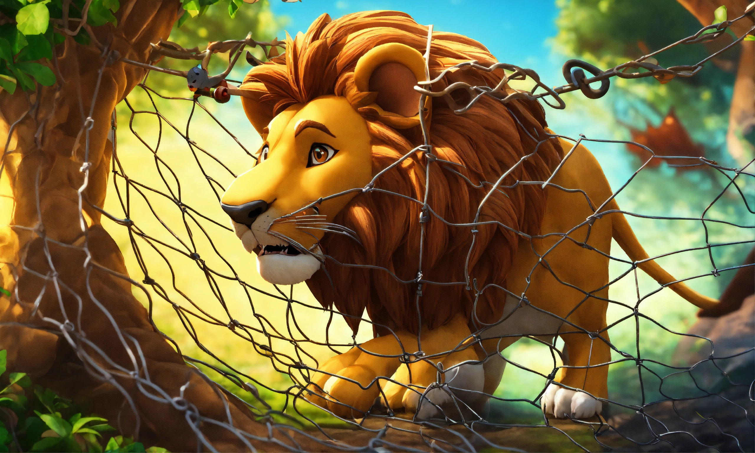 Lexica - Cartoon 3d big lion was captured and trapped in a net and ...
