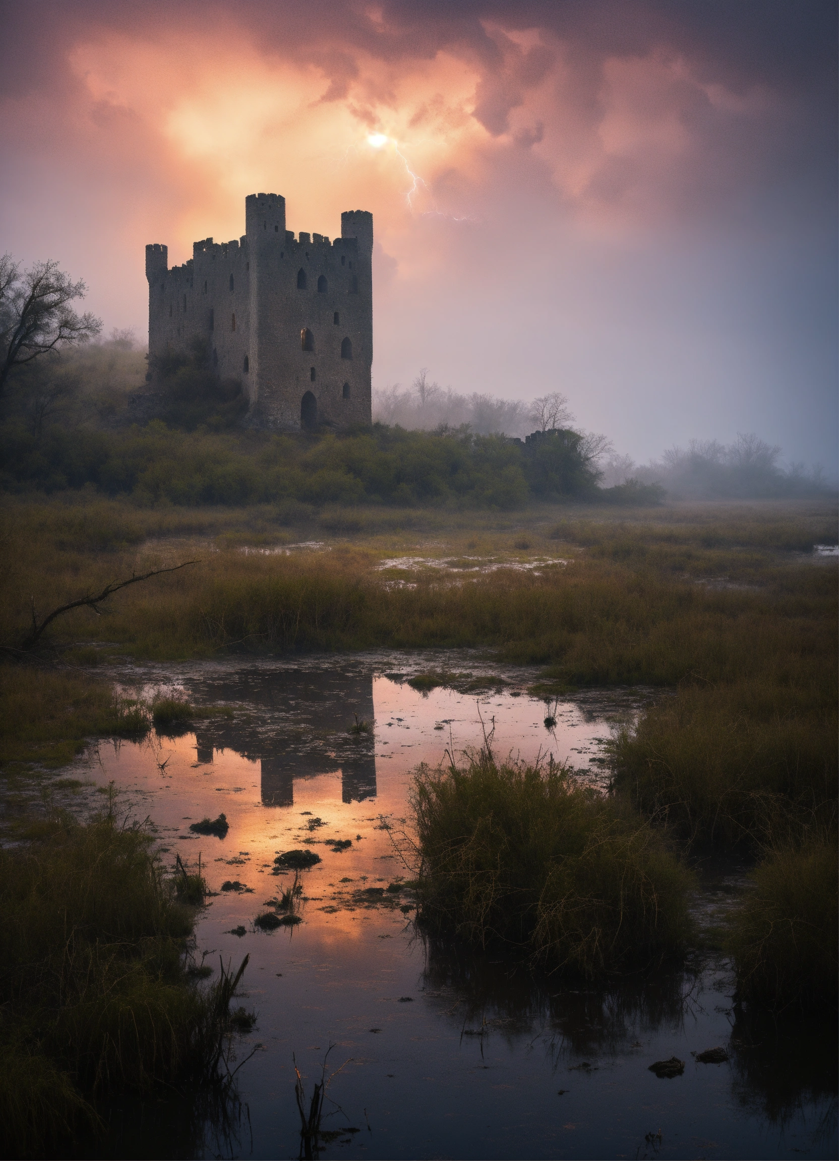 Lexica - Ruin of a stone castle in the middle of a foggy barren swamp ...