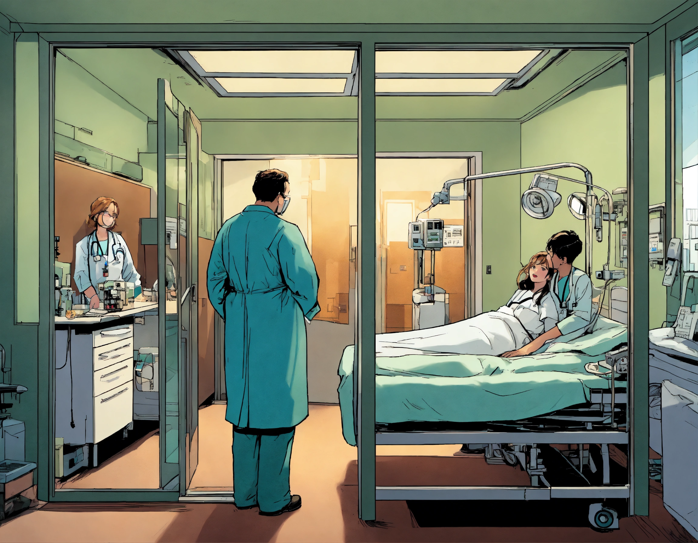 Lexica - Comic Show me a hospital room with a couple of people behind a ...