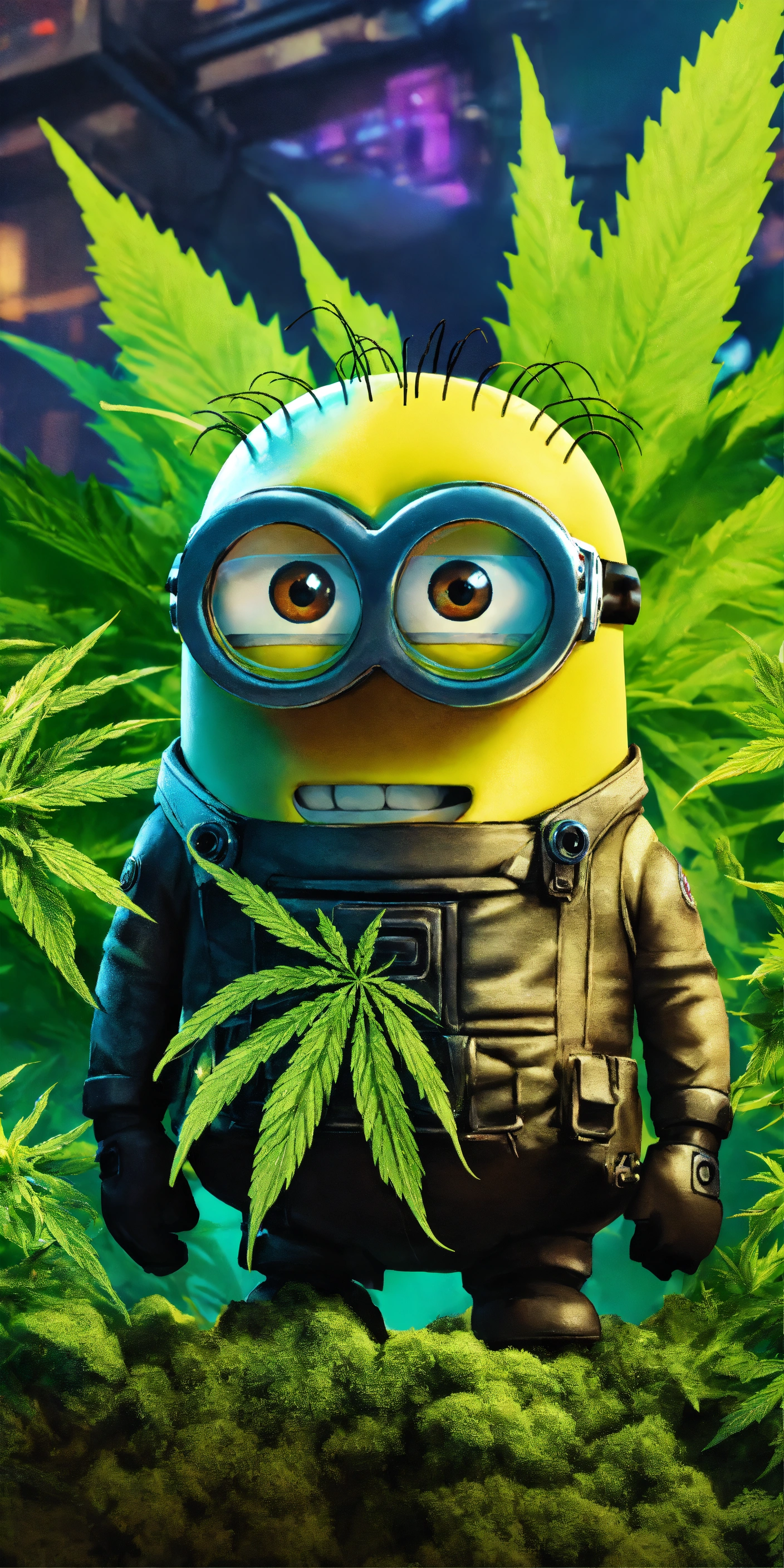Lexica - Cyberpunk advertising poster of minion surrounded by cannabis ...