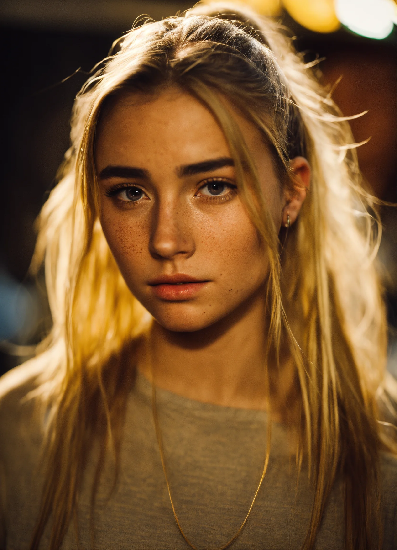 Lexica - Photo of a 20 years old girl with brown shiny eyes, blonde hair in a ponytail, deeply ...