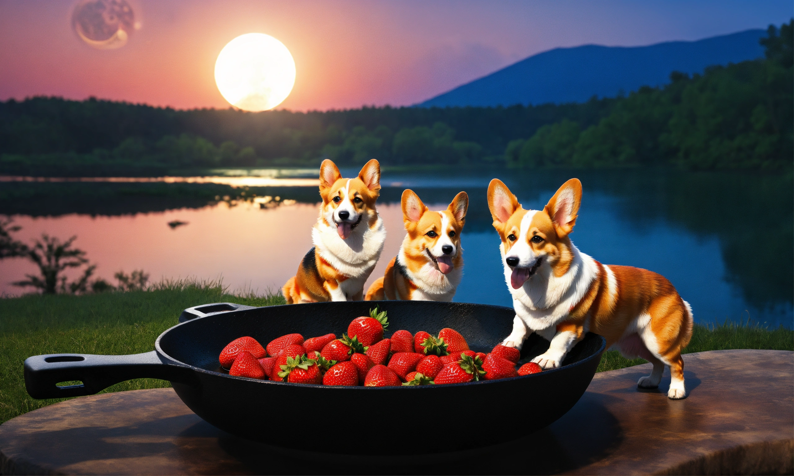 Lexica - 3D image of 2 corgi dogs frying a giant egg in a giant cast ...