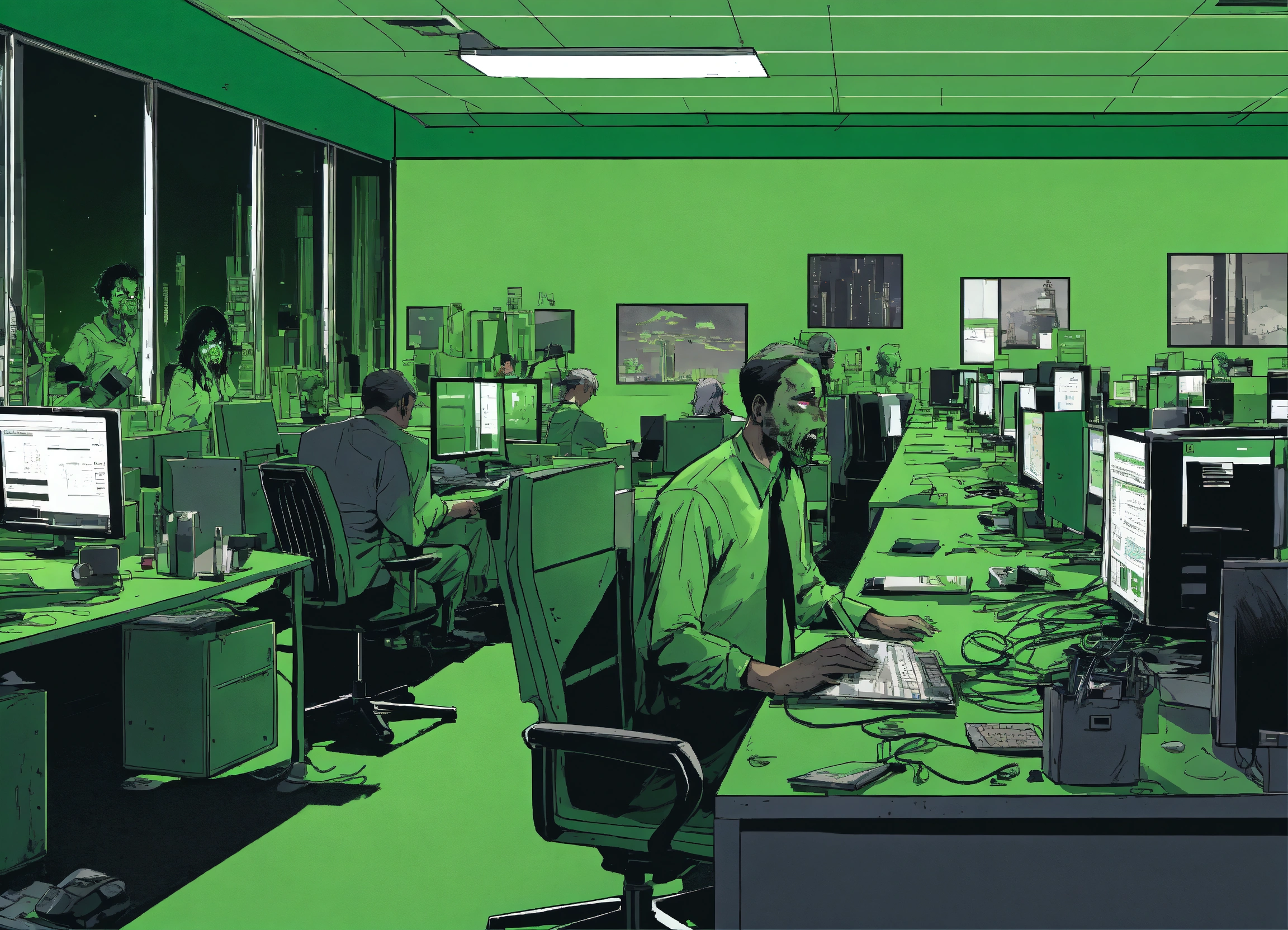 Lexica - Illustrate a comic cartoon poster of a zombie-like workforce ...