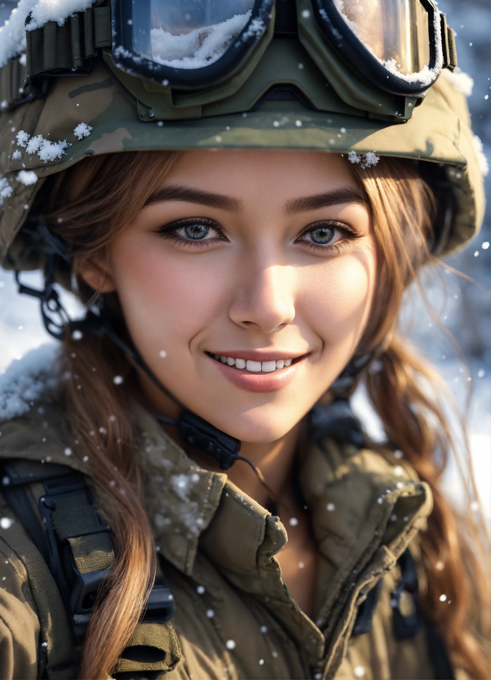 Lexica - A beautiful super realistic army girl, snow, radiant smile ...