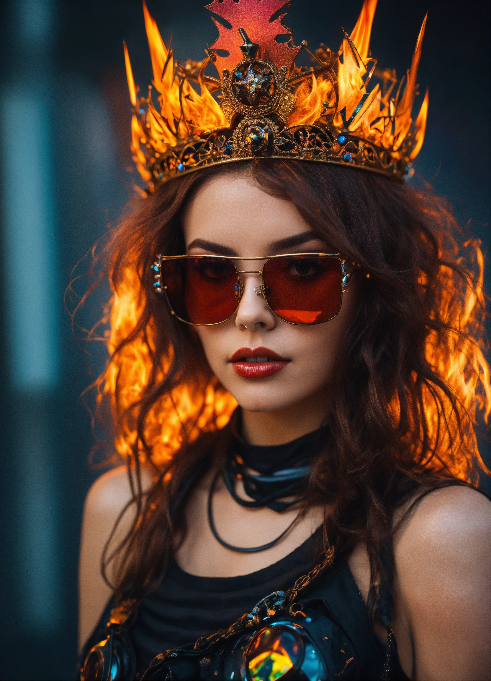 Lexica - Fire crown, brunette queen with shades, cyber punk