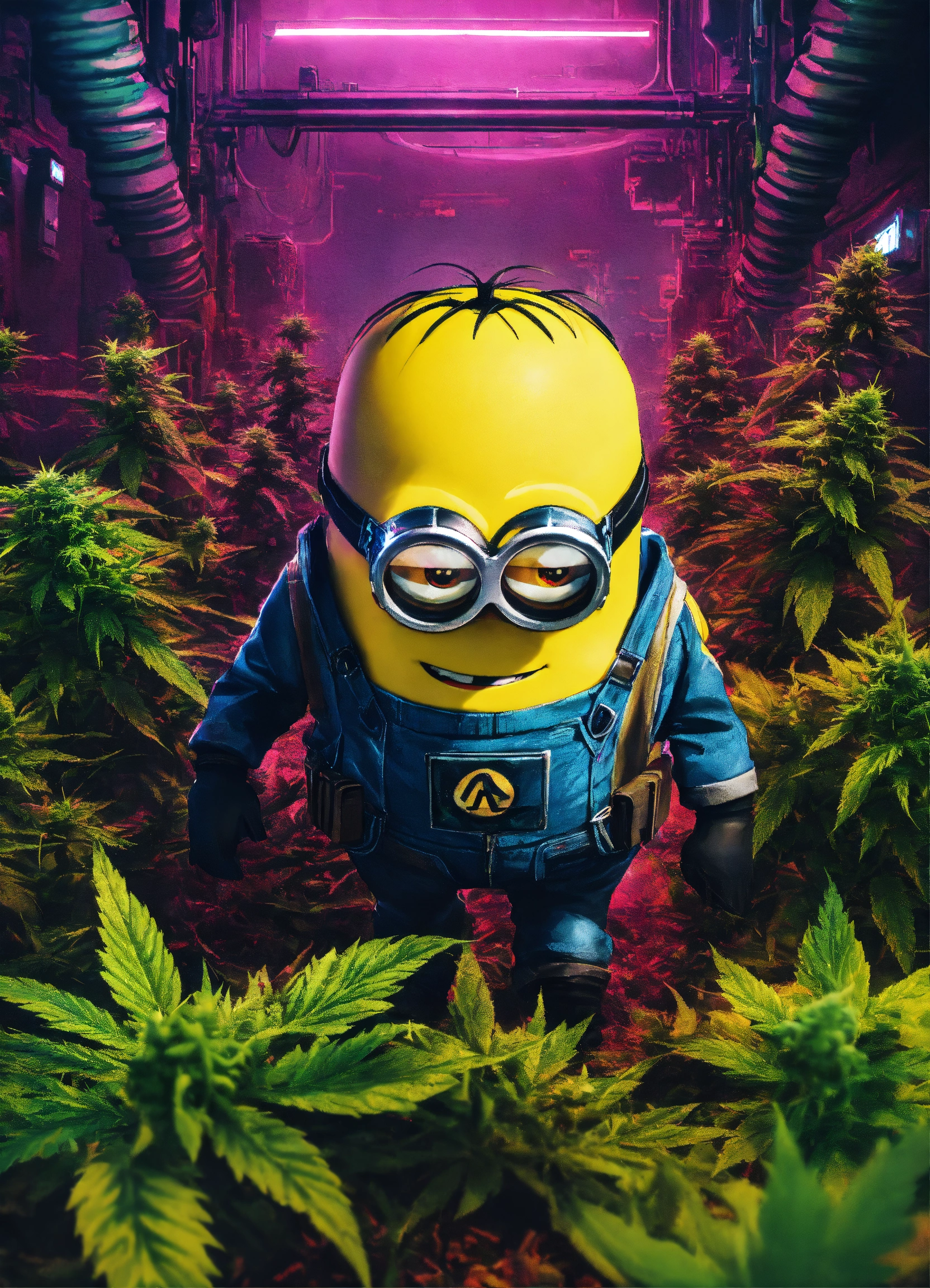 Lexica - Cyberpunk poster of minion surrounded by cannabis plants