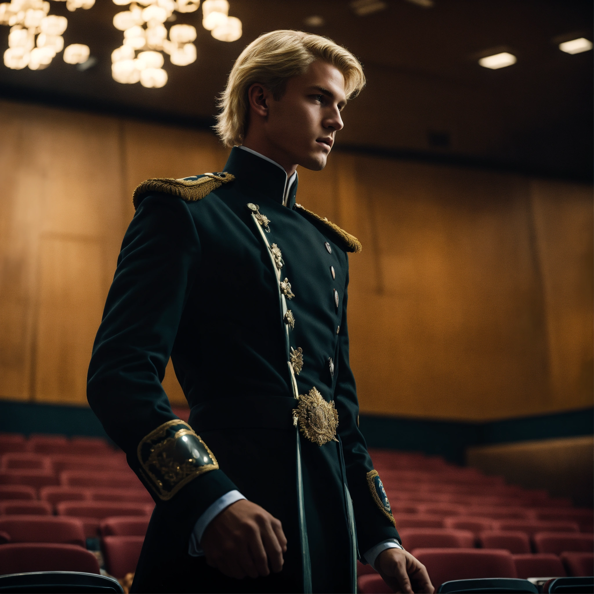 Lexica - A young futuristic blonde nobleman in black uniform stands on ...