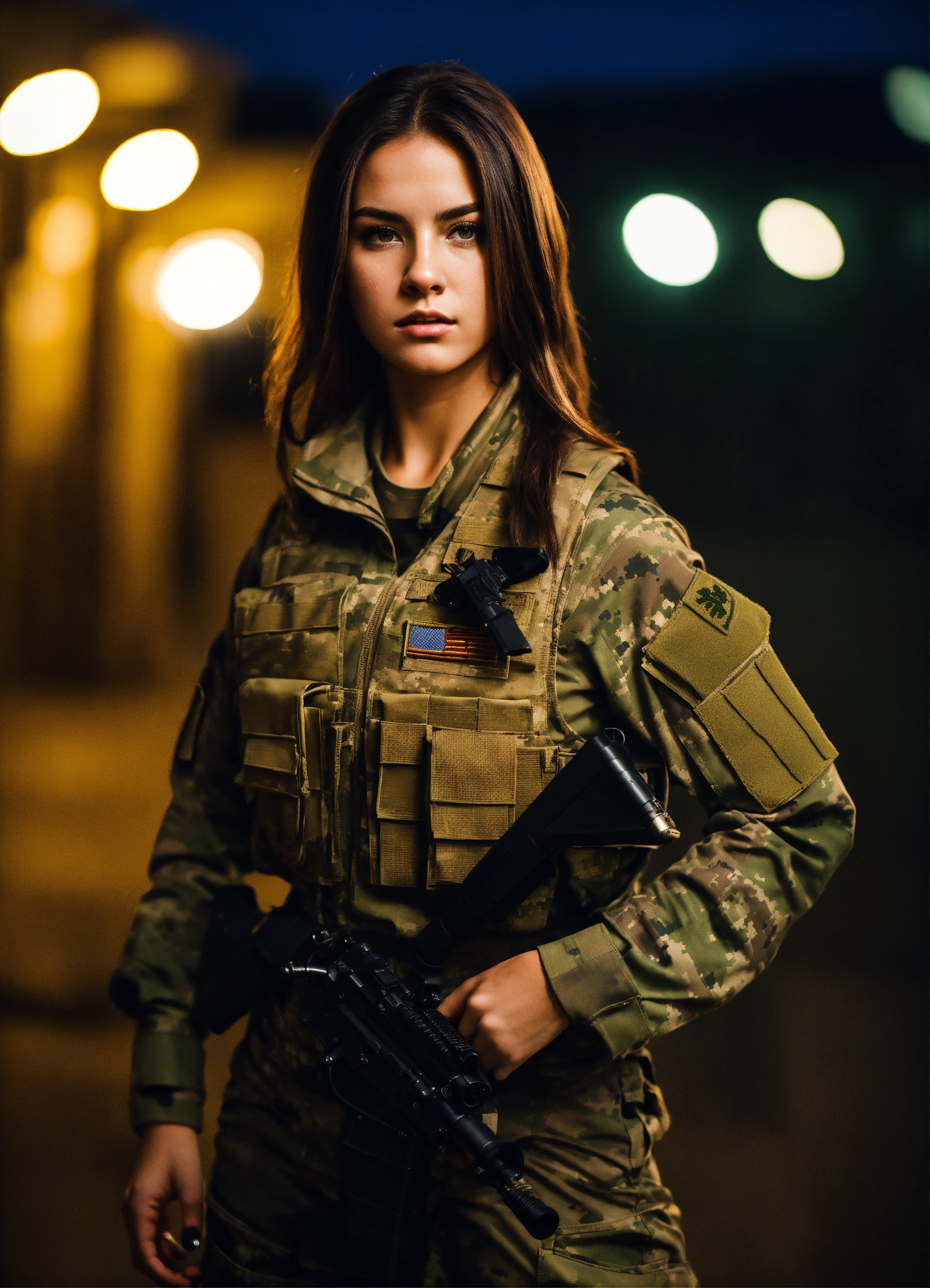 Lexica - A beautiful brunette military girl, tight combat jumpsuit, no ...