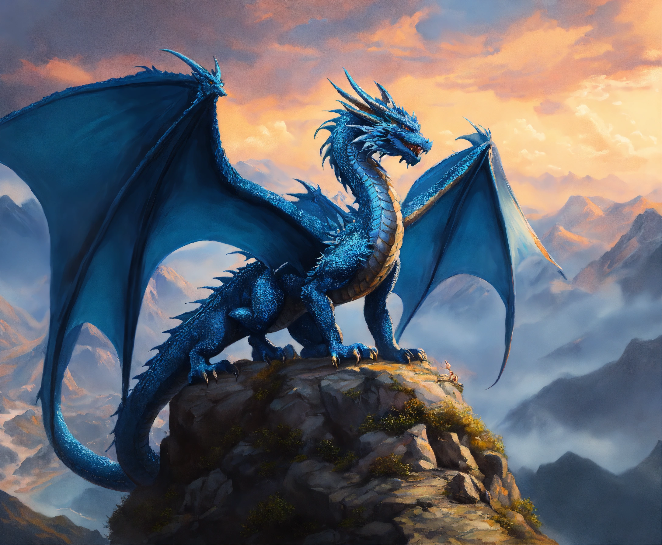 Lexica - Oil painting of a big blue dragon and a small blue dragon ...