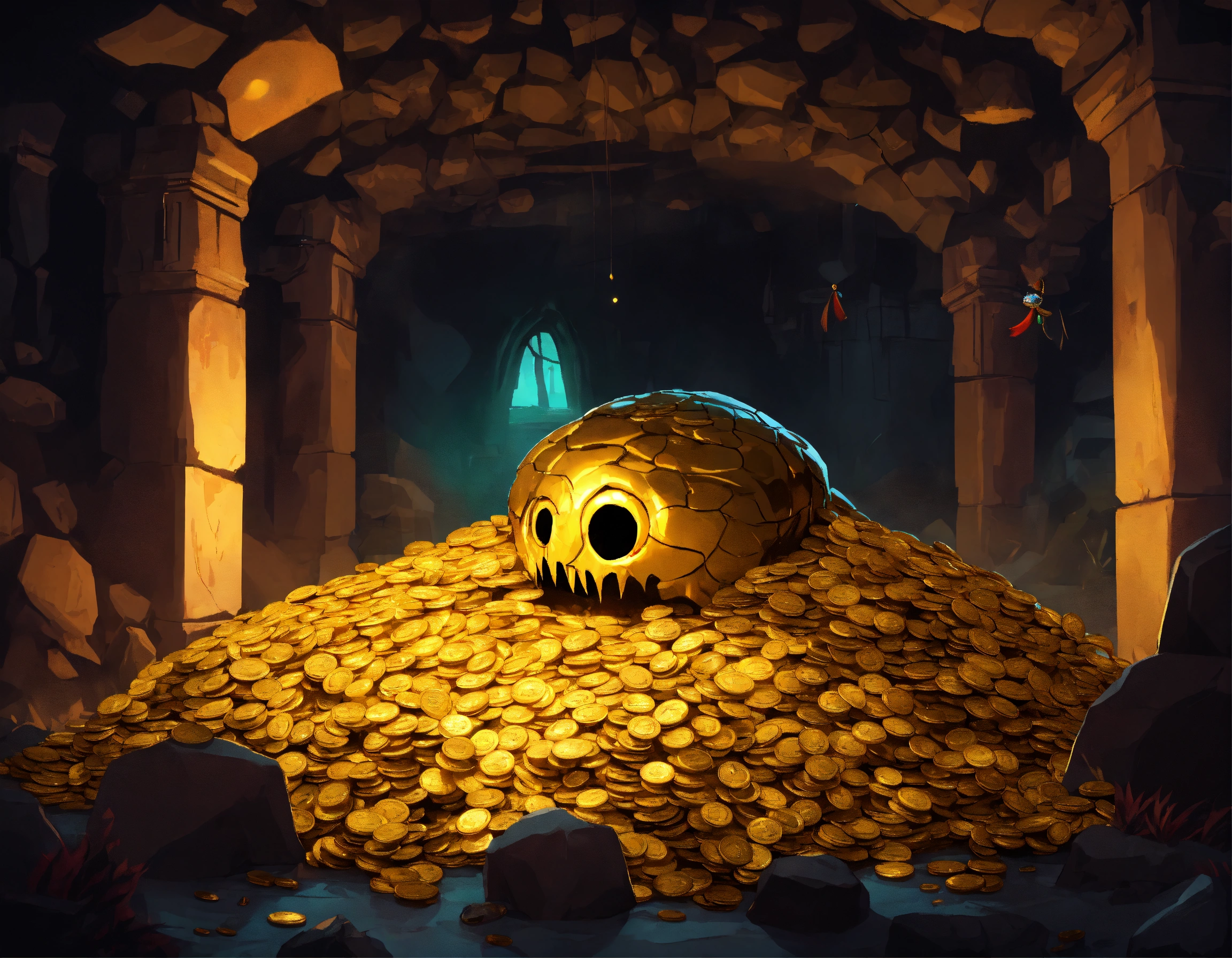 Lexica - Dark cave room full of golden coin piled up, sleeping monster ...