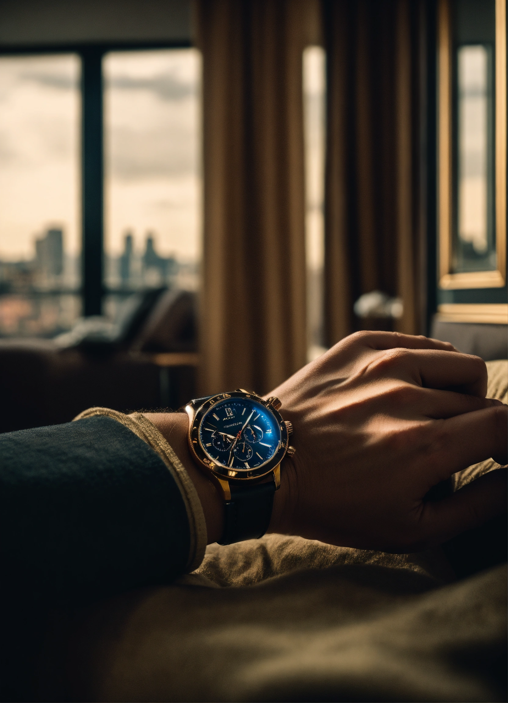 Lexica - Zoom in on handcuffed hands (expensive watch), hotel room in ...