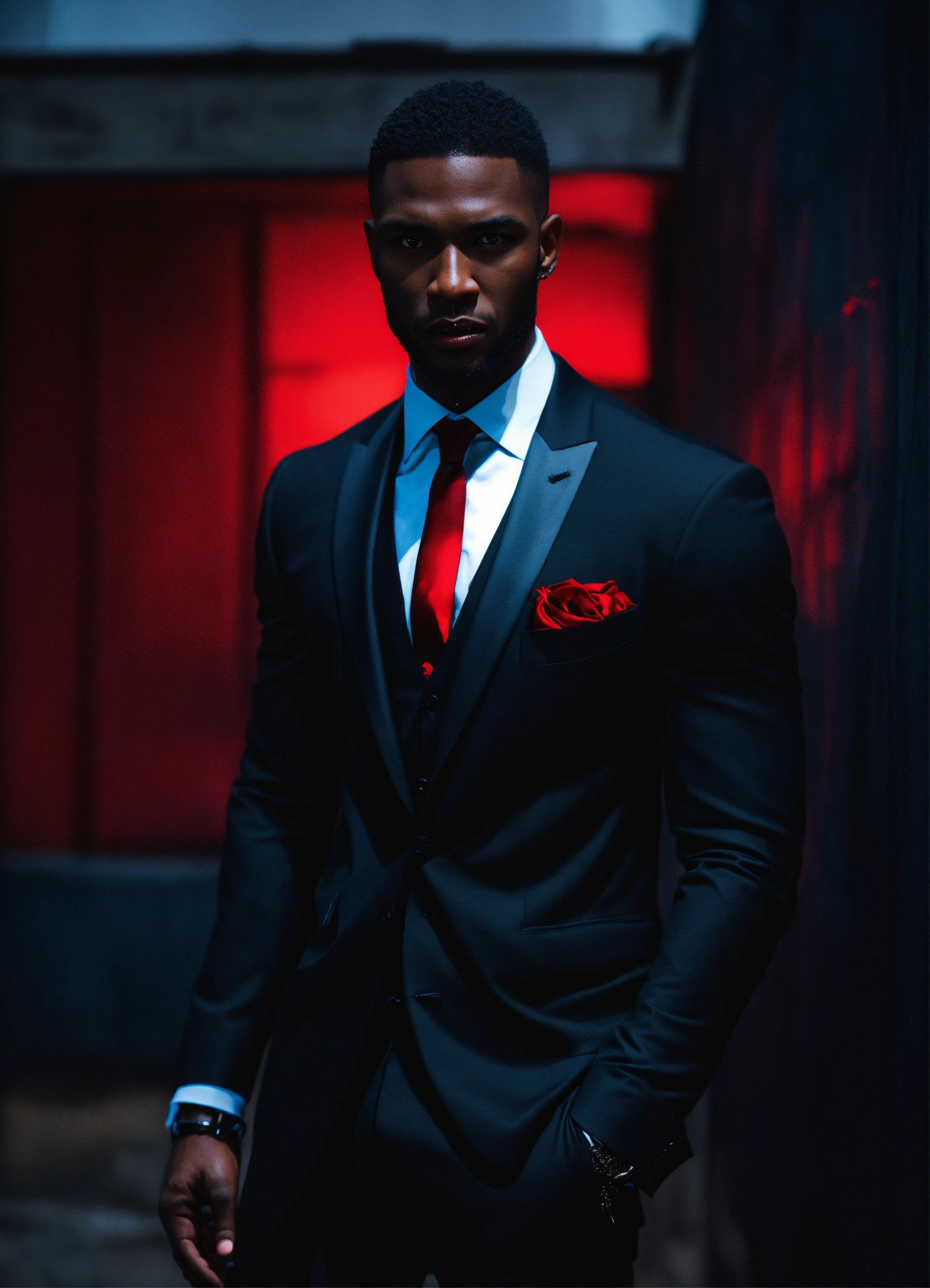 Lexica - Handsome black man, vampire with red eyes, black suit