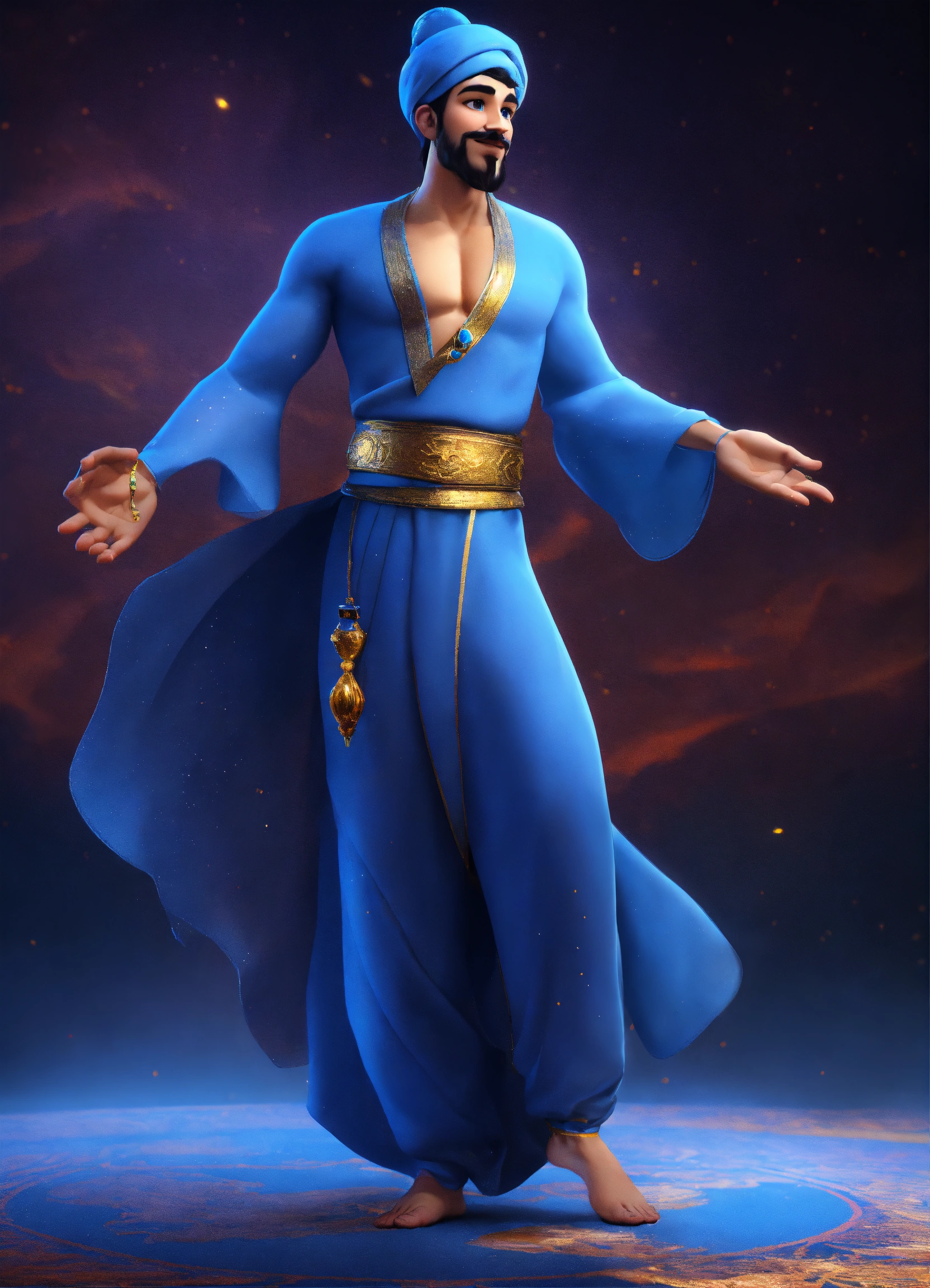 Lexica - Create a 3D rendering of a magical blue Arabian male genie ...