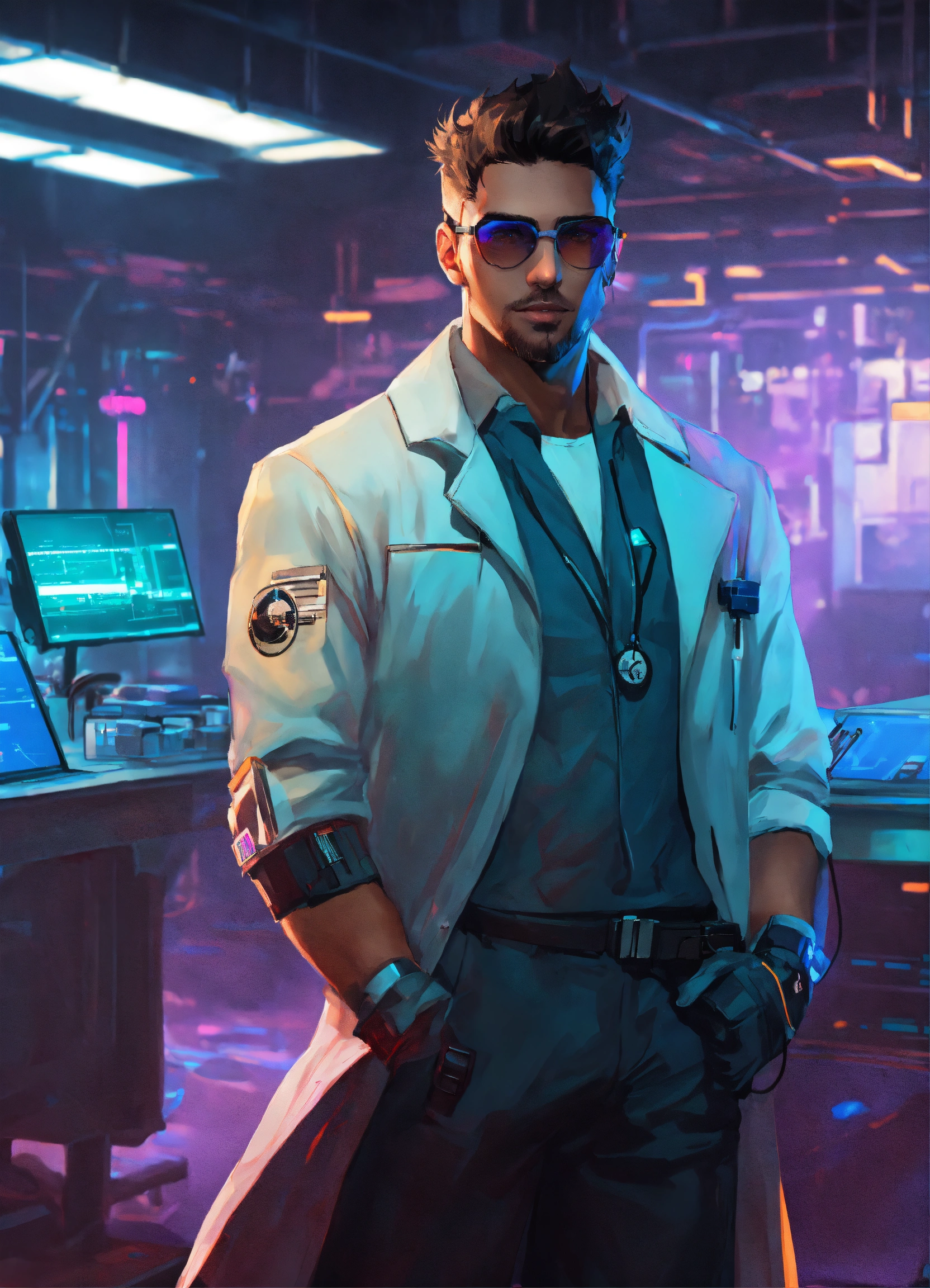 Lexica - Male sneaky cyberpunk lab assistant in a lab coat