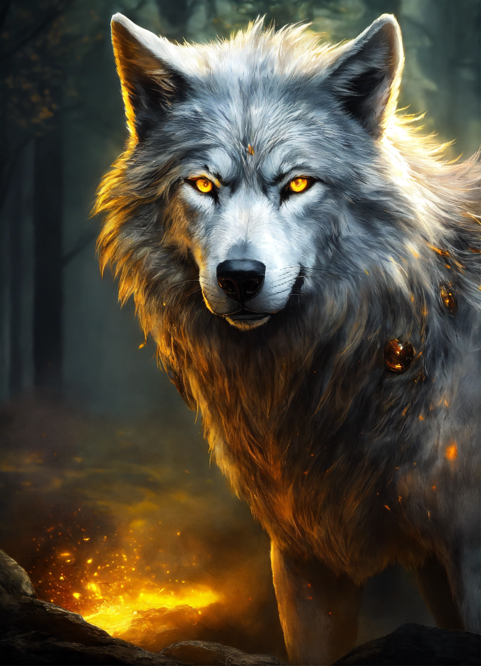 Lexica - Very large silver wolf with amber eyes. Almost human looking ...