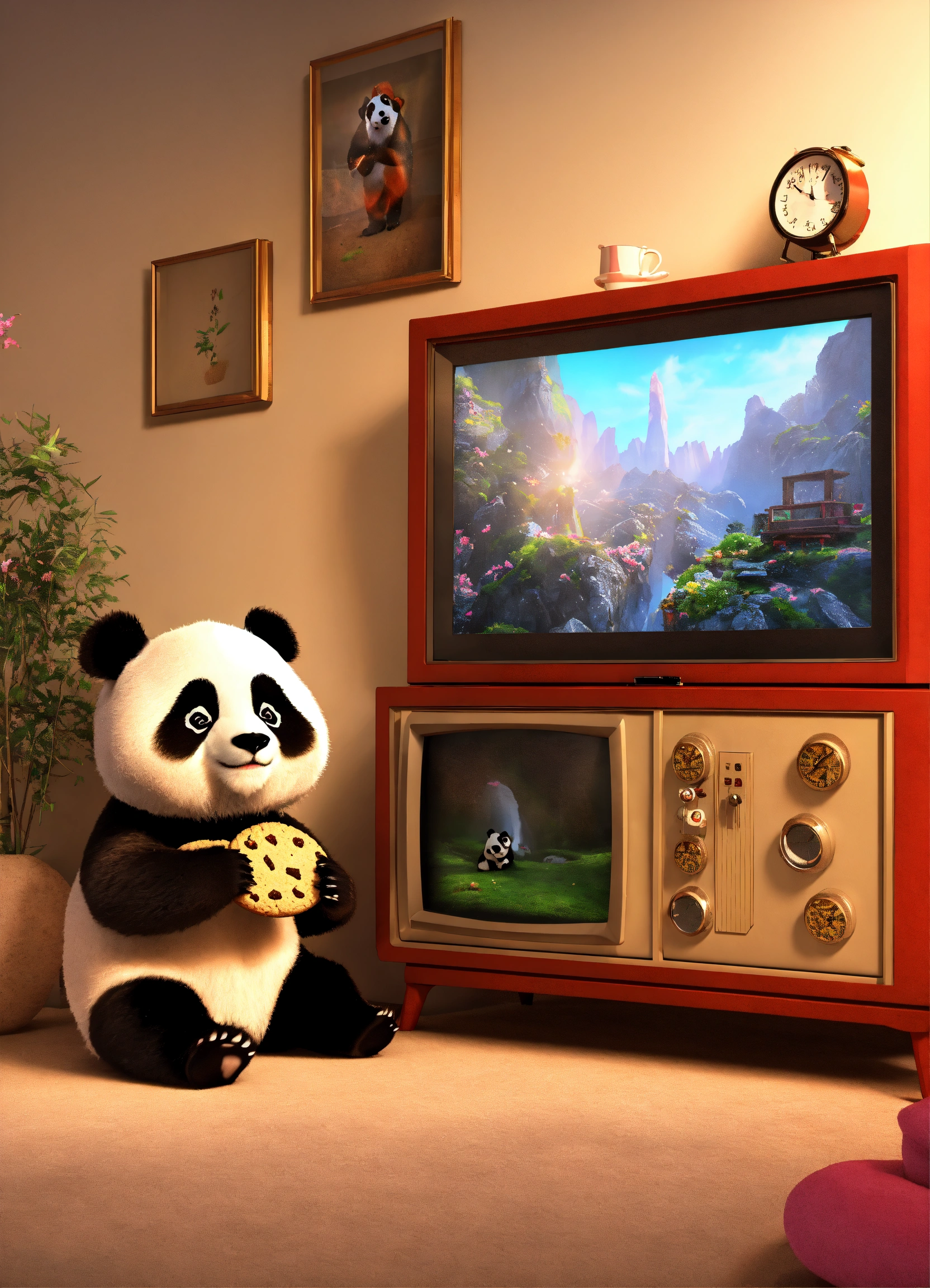 Lexica - 3d image of a small panda watching cartoons on a very large ...