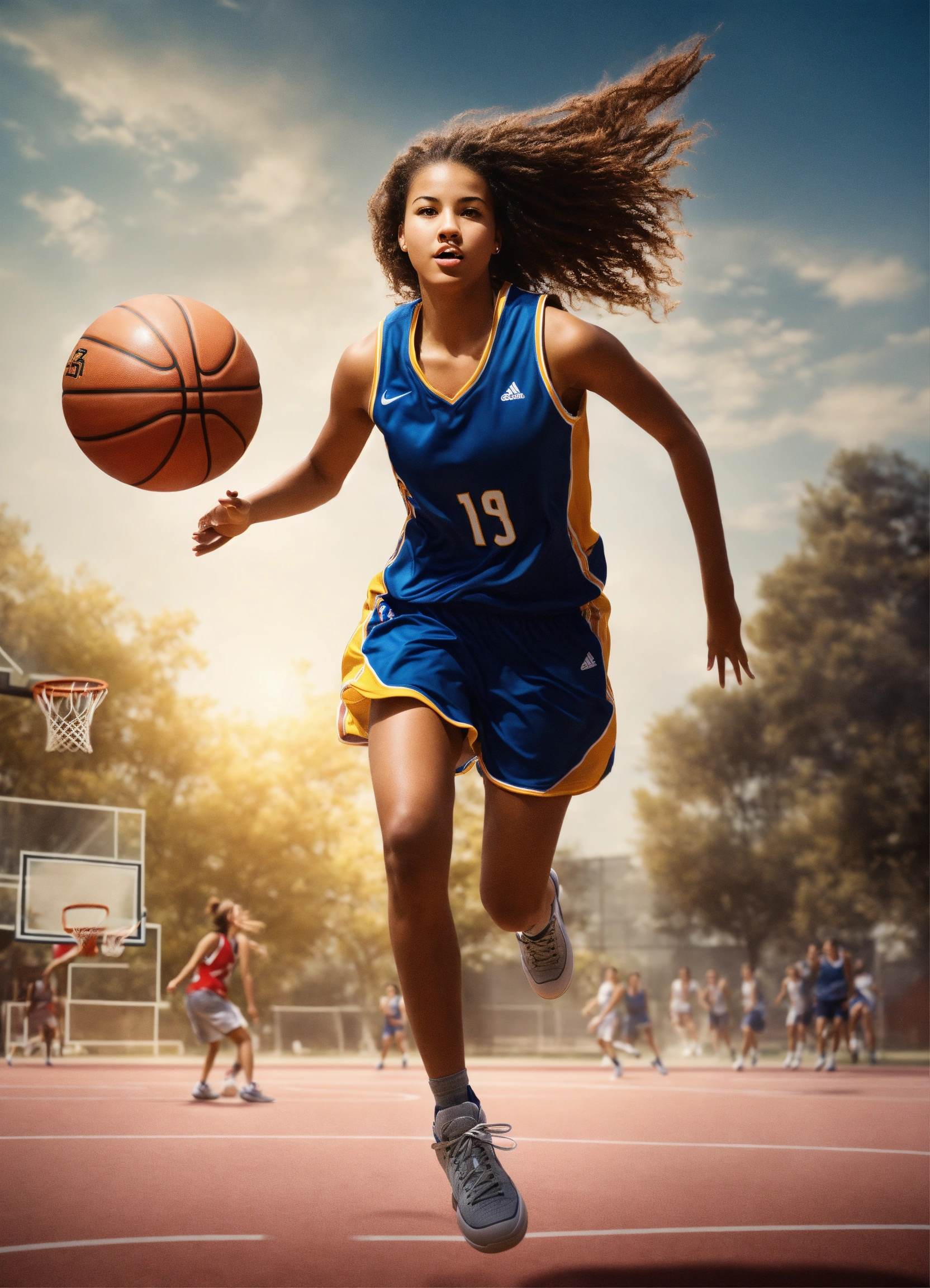 Lexica - Photo-realistic picture of a girl bouncing a basketball.