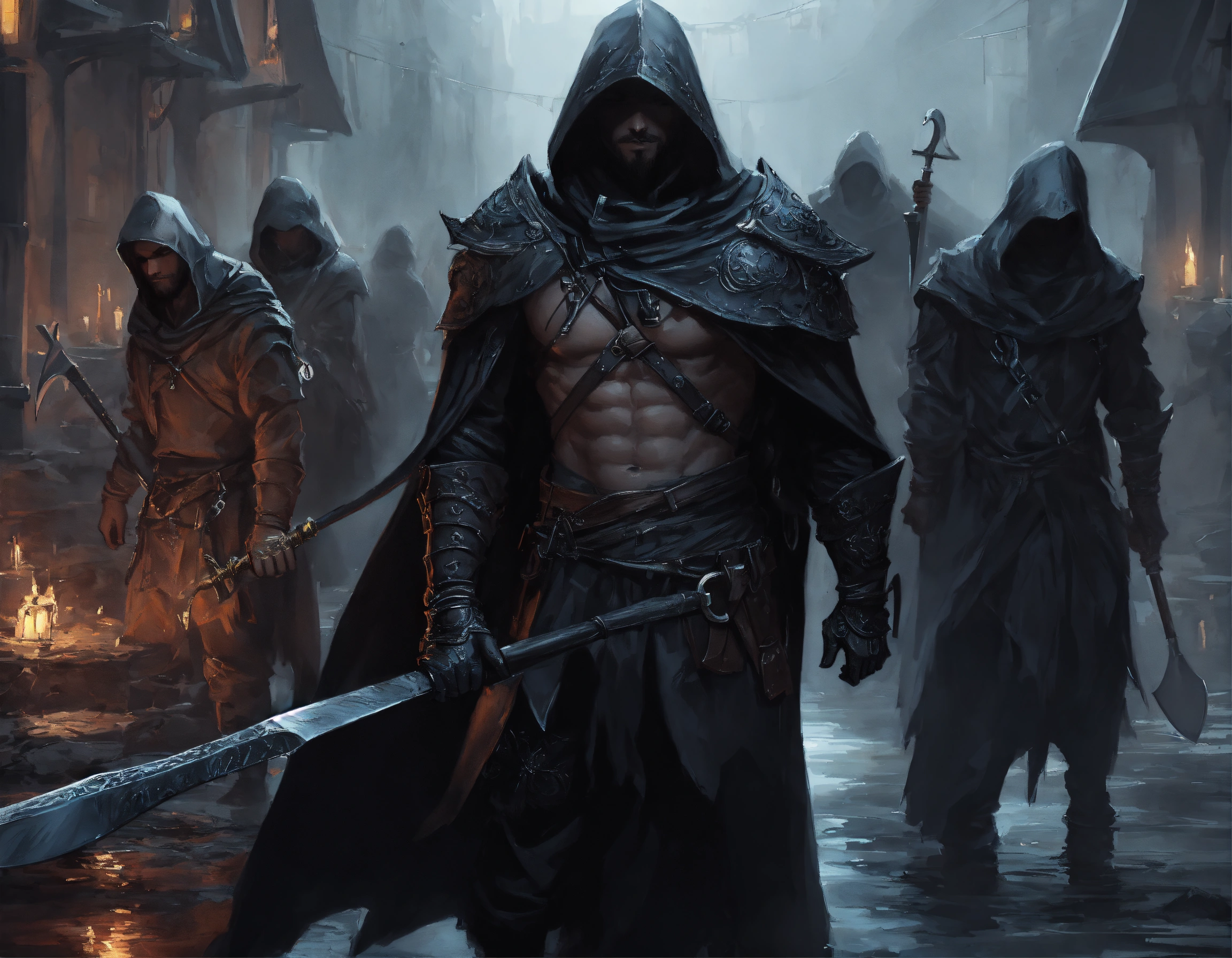 Lexica - Dark fantasy Painting, group of an male hangman with axes with ...