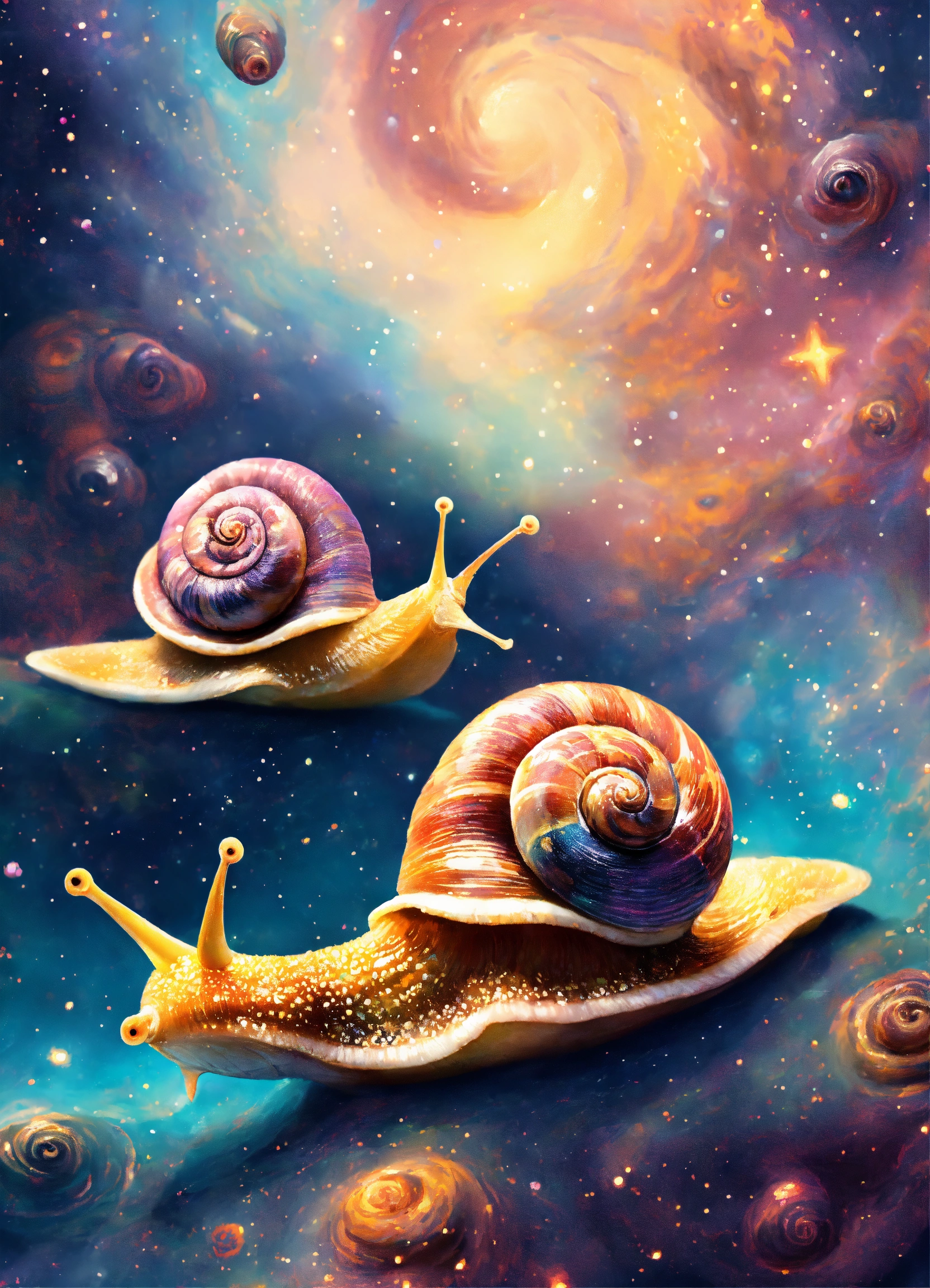 Lexica - 2 snails, galaxy background, and in van gogh style and pastel colors Fantasy