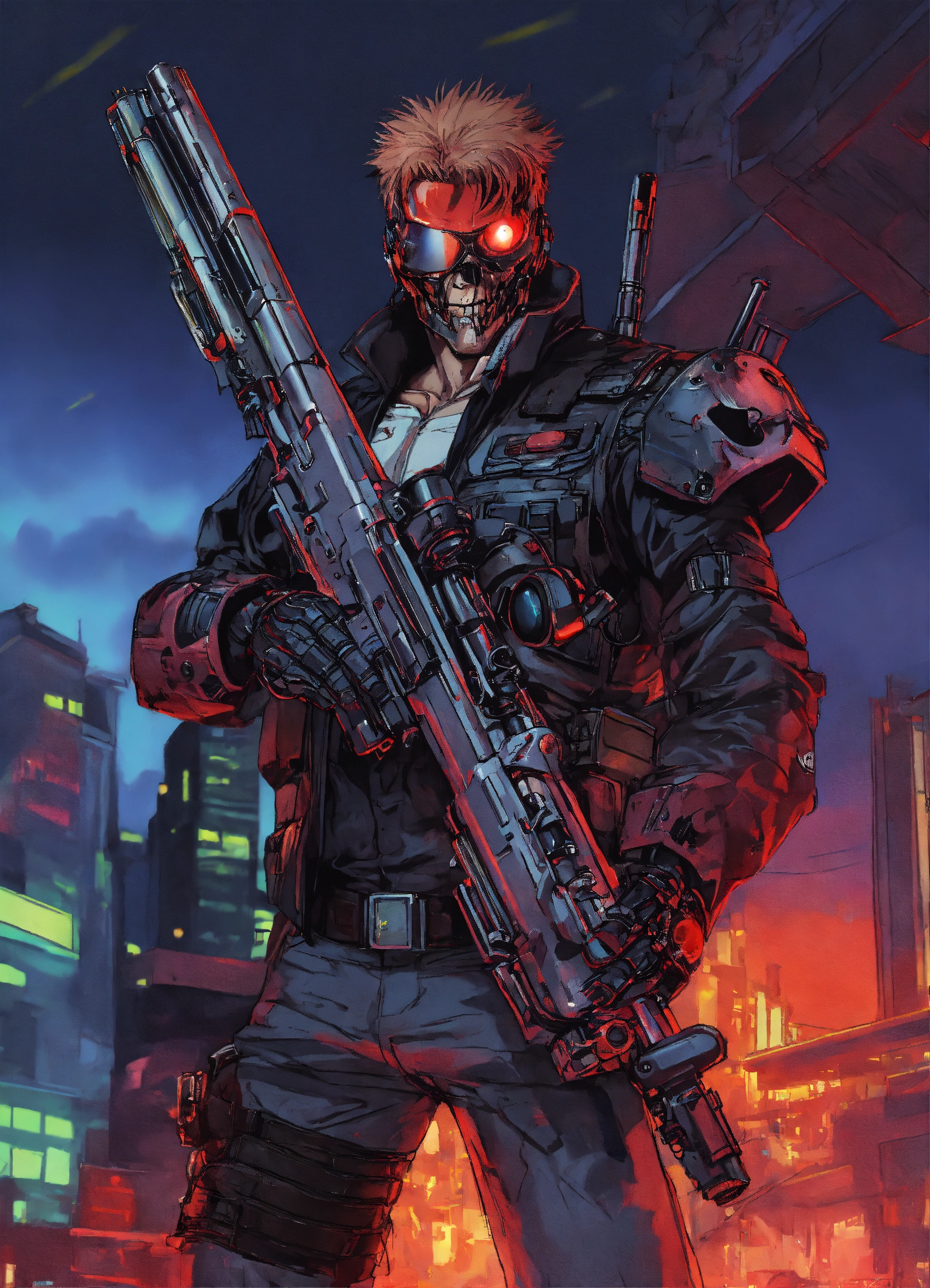 Lexica - 80's anime evil terminator cyborg holding 2 shotguns, evil, gothic