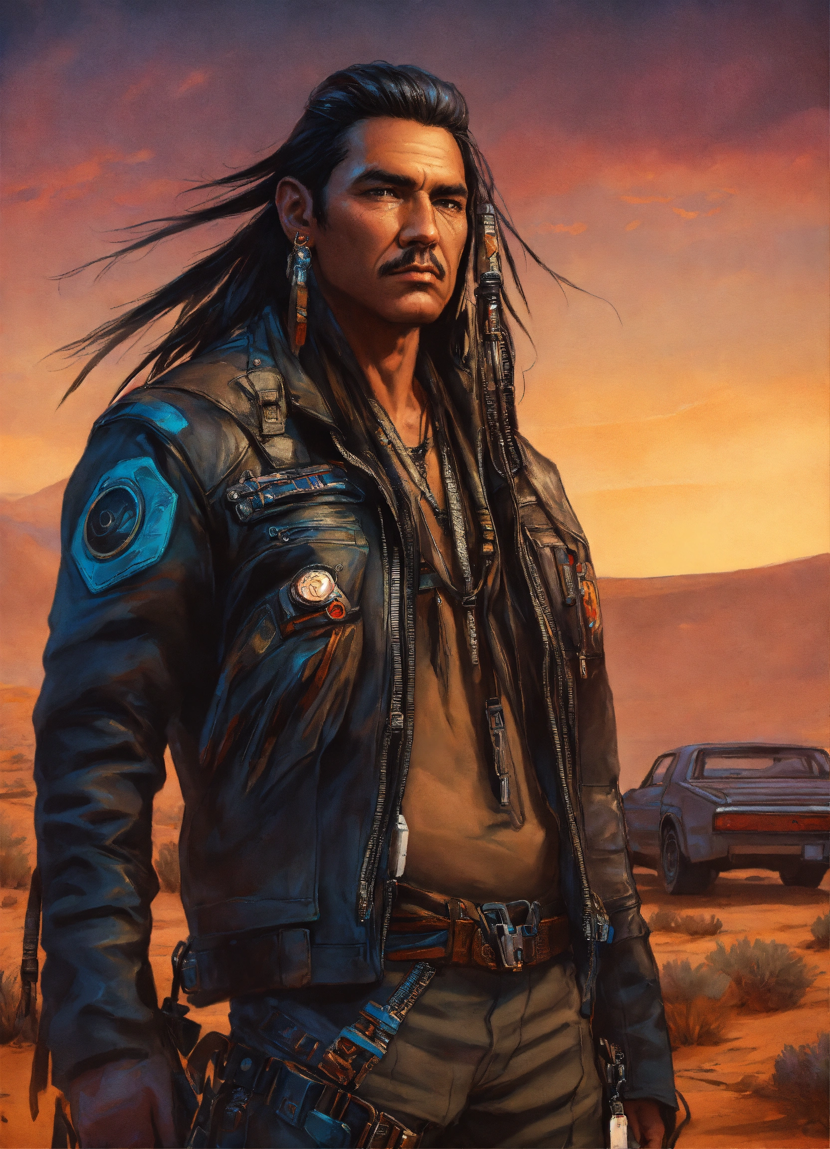 Lexica - Cyberpunk native American, mechanic 50 years old in leather ...