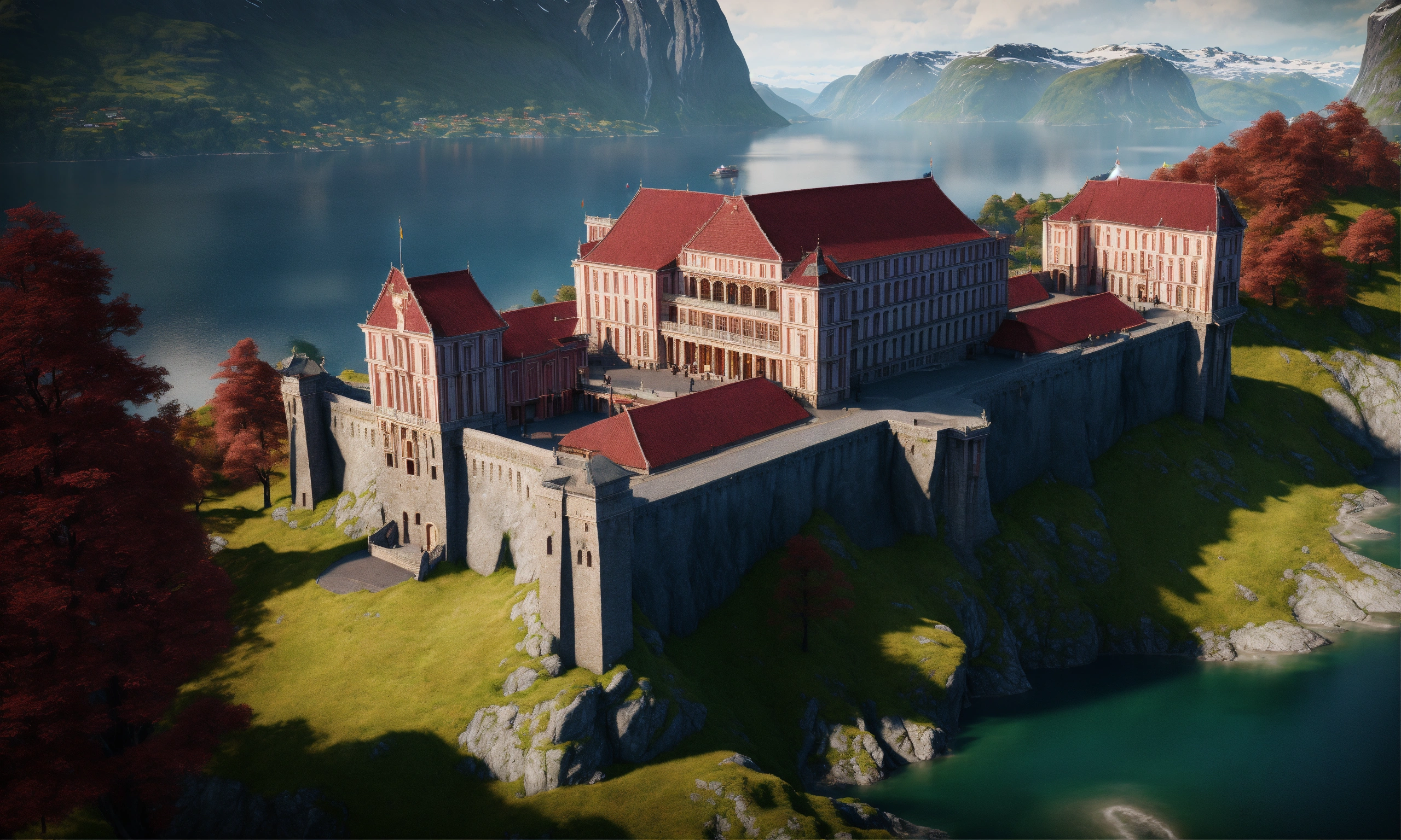 Lexica - Full image of a massive royal palace with a maroon roof on a cliff overlooking a Fjord ...