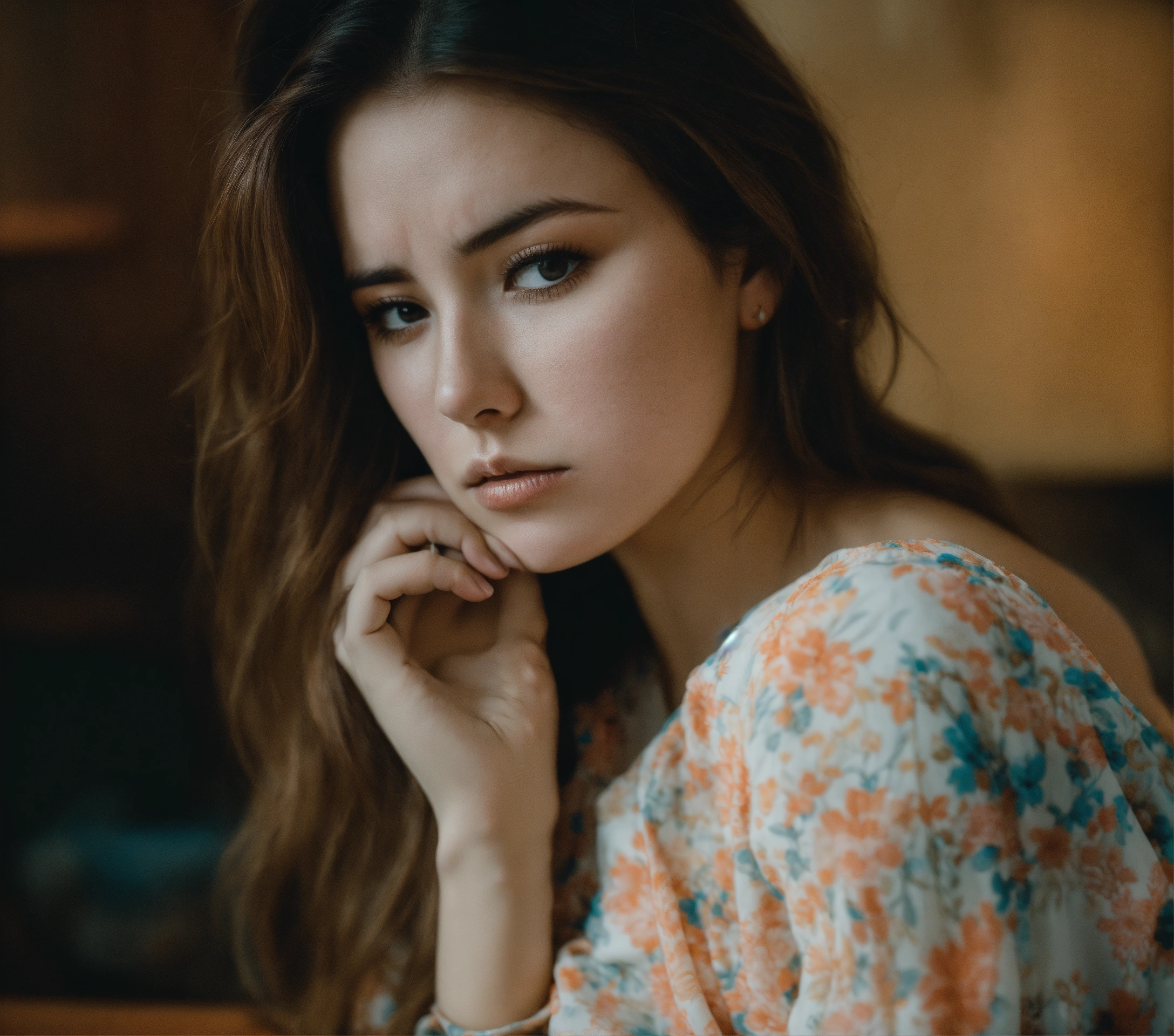 Lexica - A young woman cradling her face with a melancholic expression