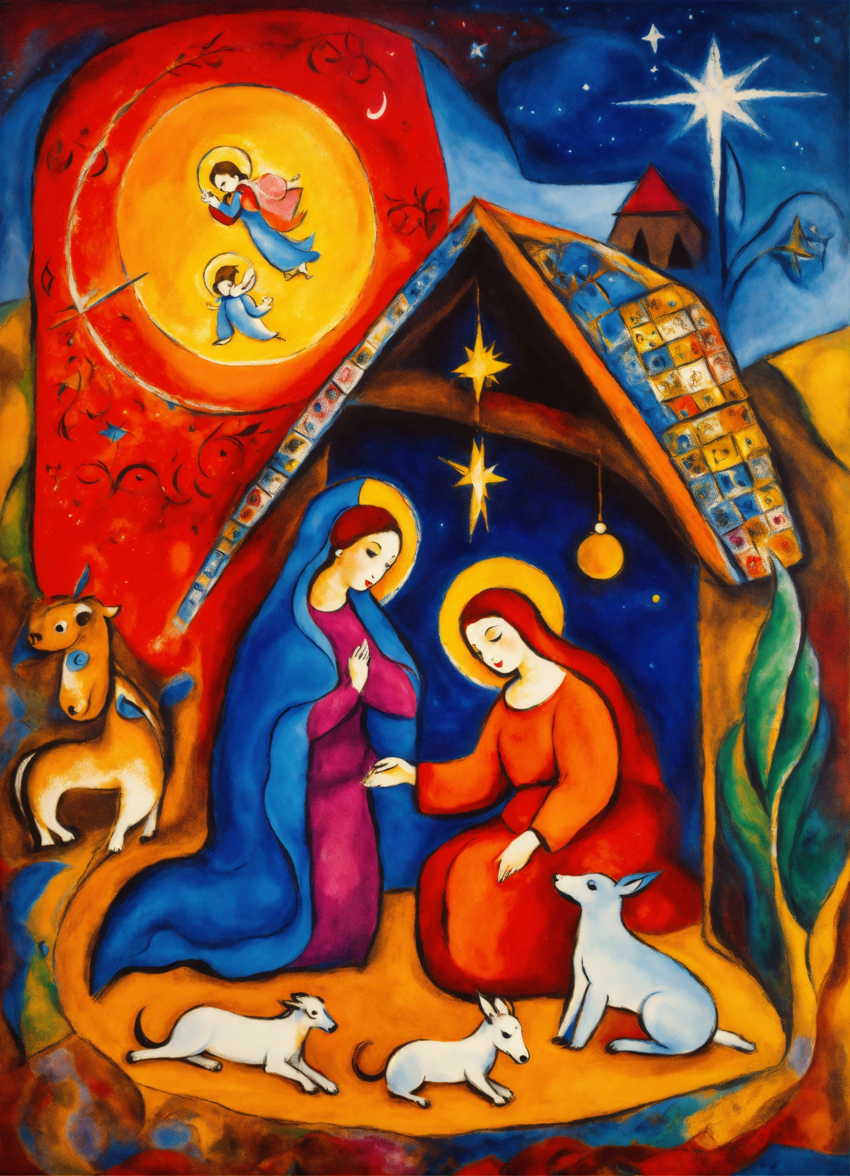 Lexica - Nativity Scene, a colorful painting in the style of Marc Chagall