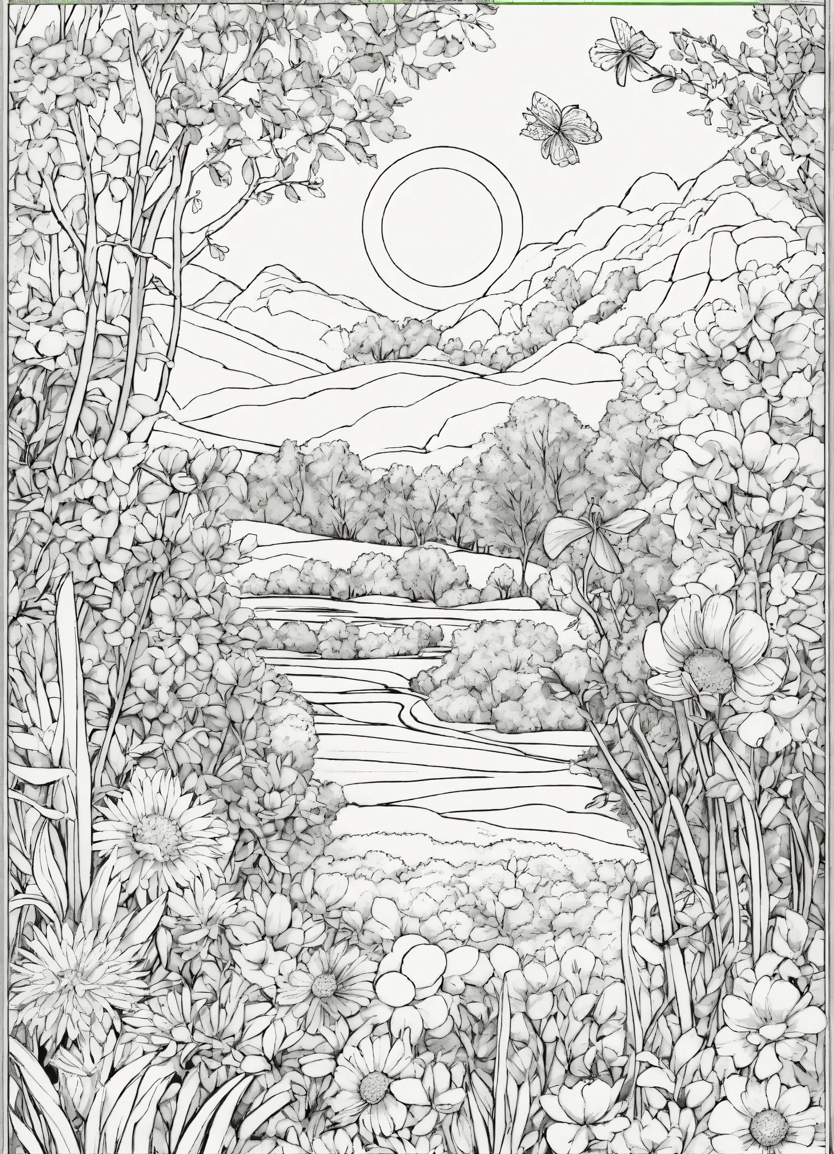 Lexica - Black and white image coloring book spring equinox, green