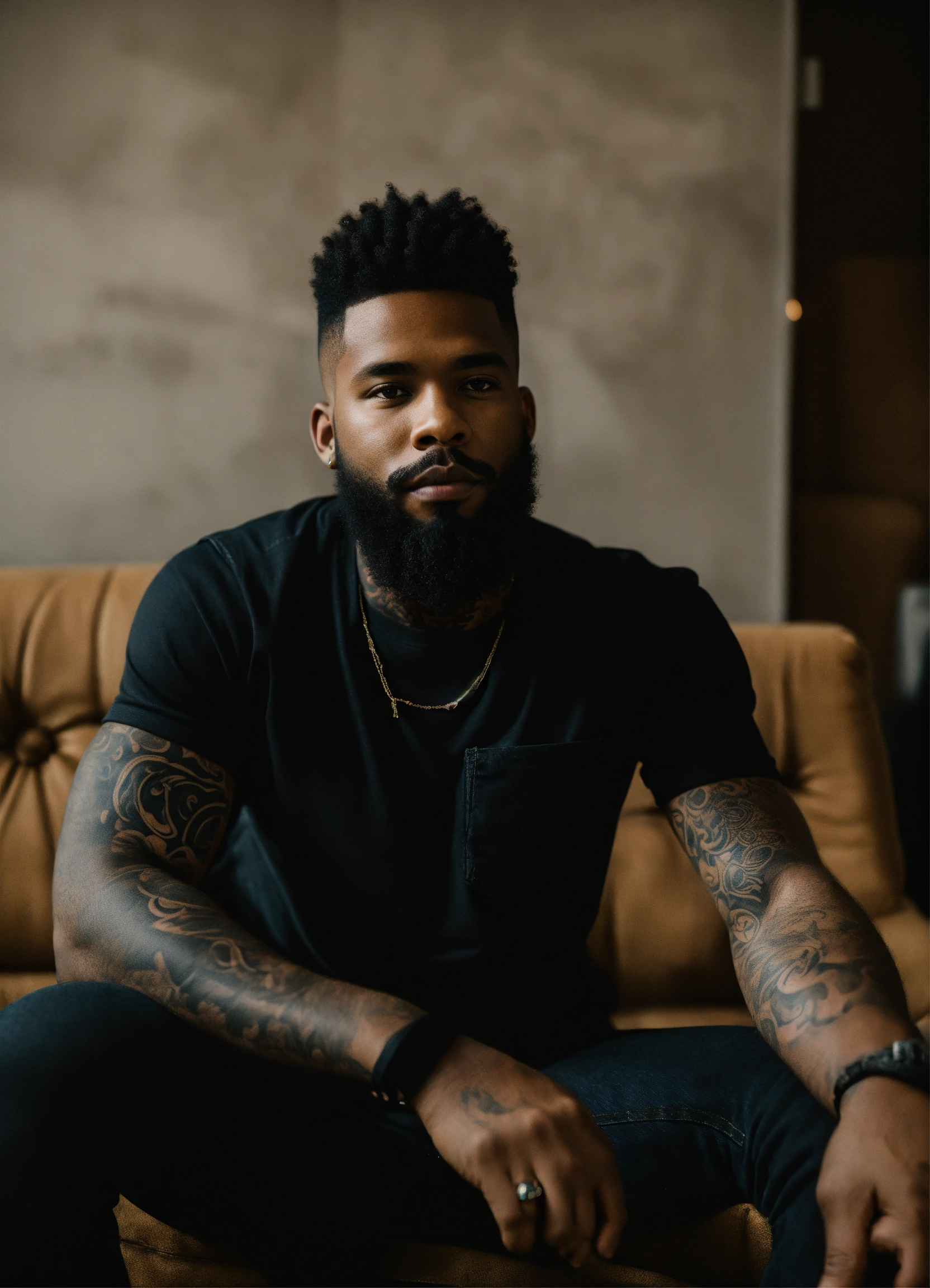 Lexica - Black Dominican male, beard, low hair cut, black jeans, black ...