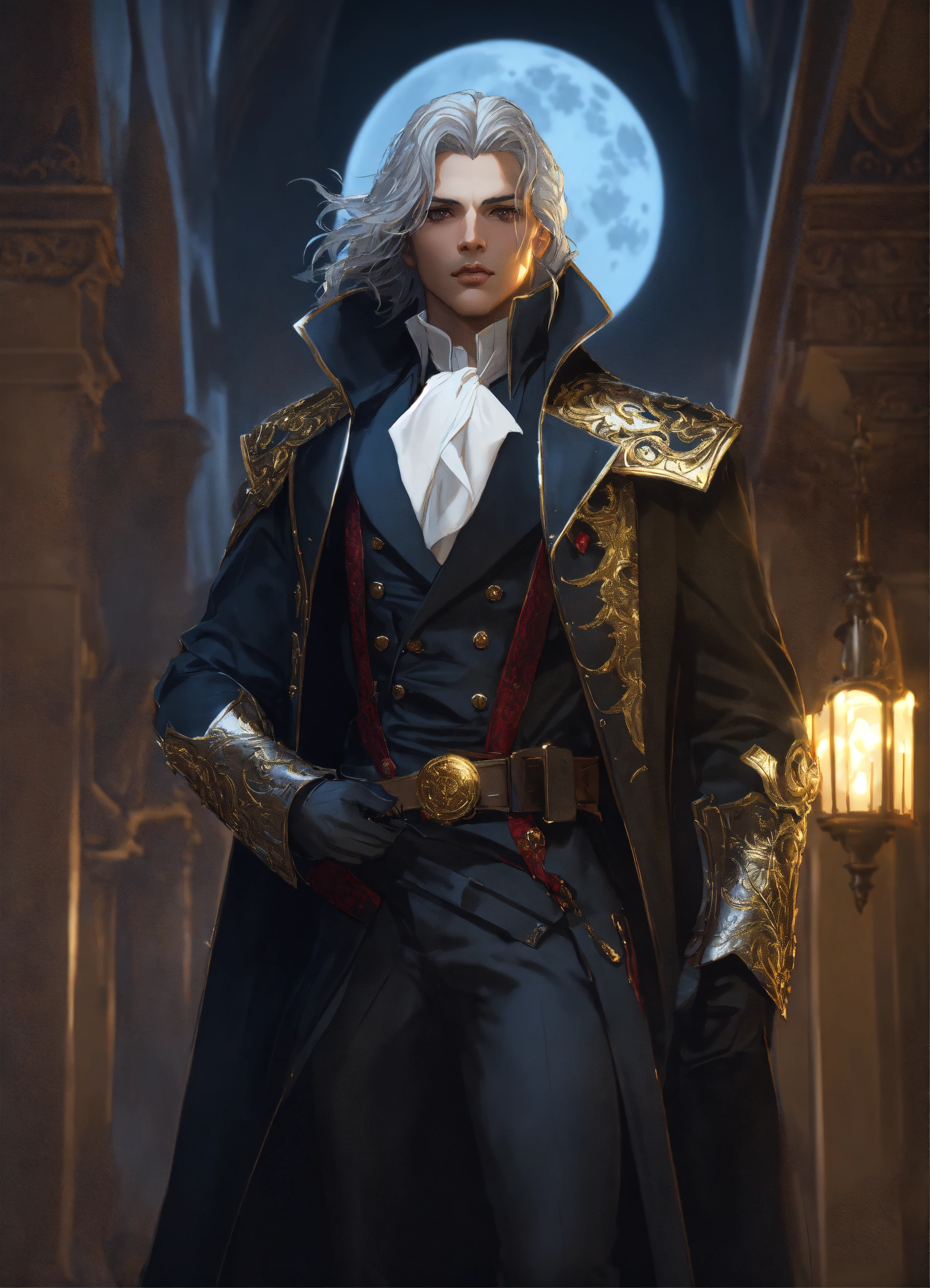 Lexica - "handsome Alucard", silver hair, heroic, black clothes, gold ...