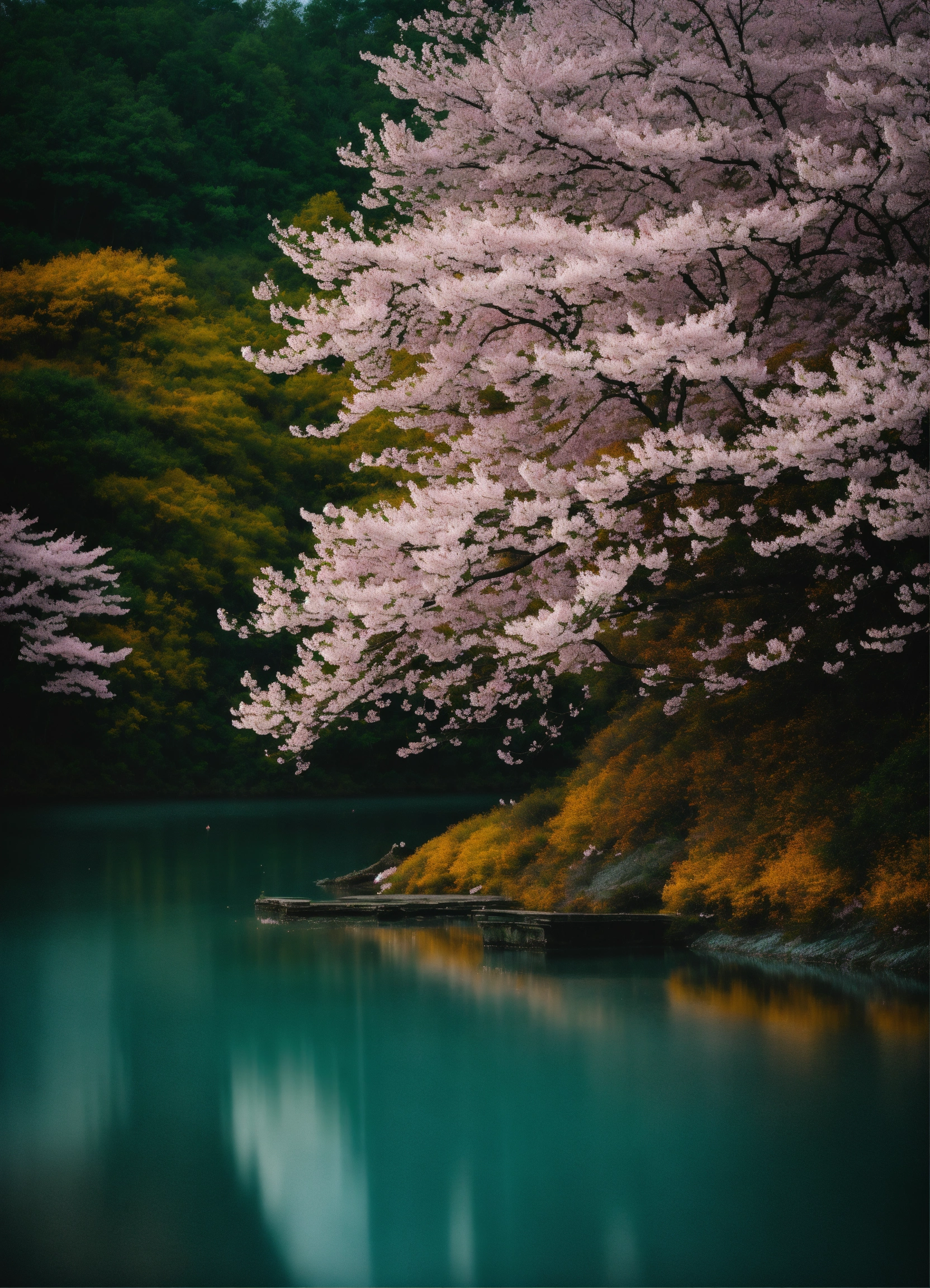Lexica - Minimal, cinematic, a blooming cherry blossom tree, forest ...