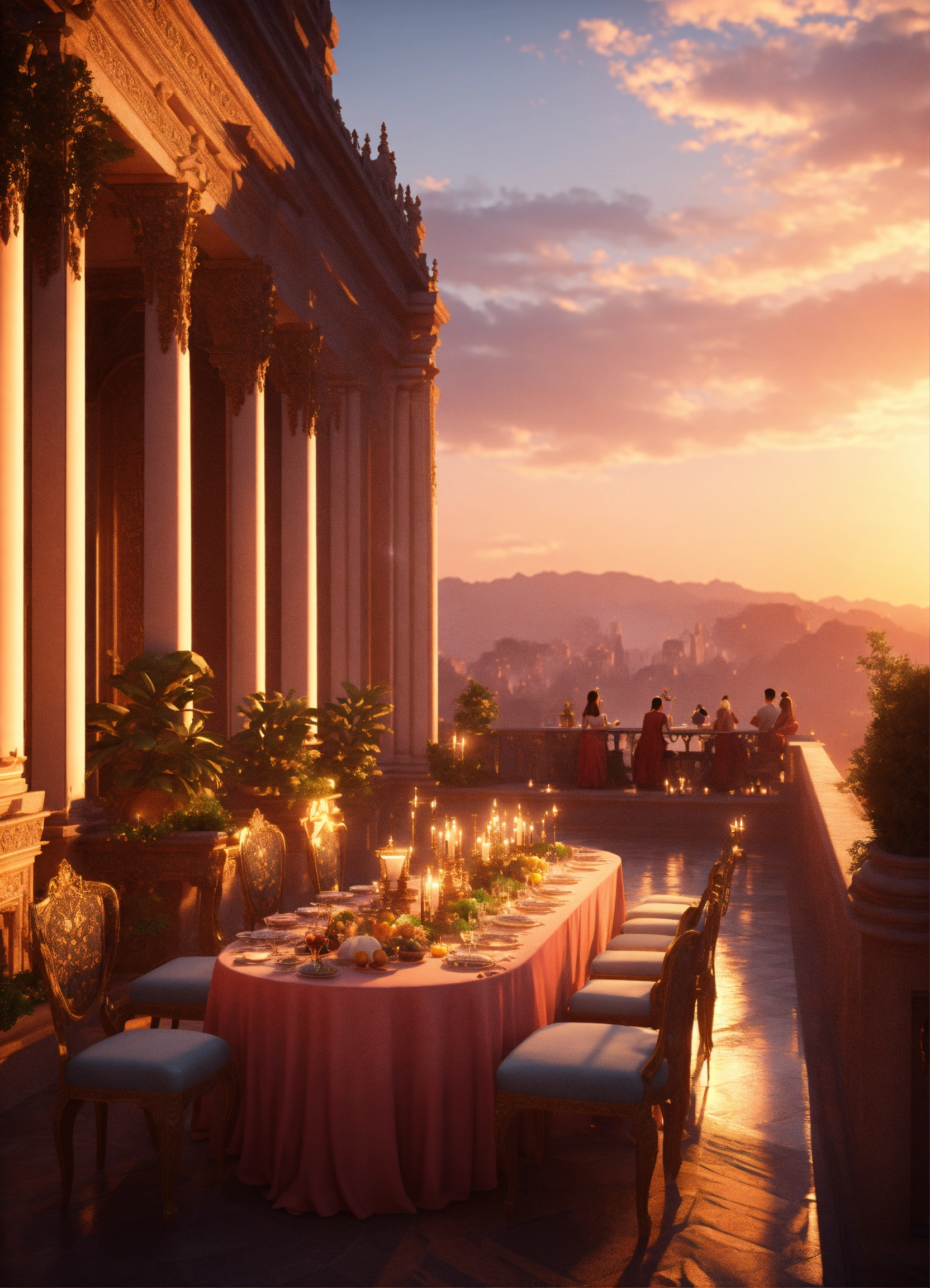 Lexica - A sumptuous palace terrace at sunset. alien orchestra playing ...