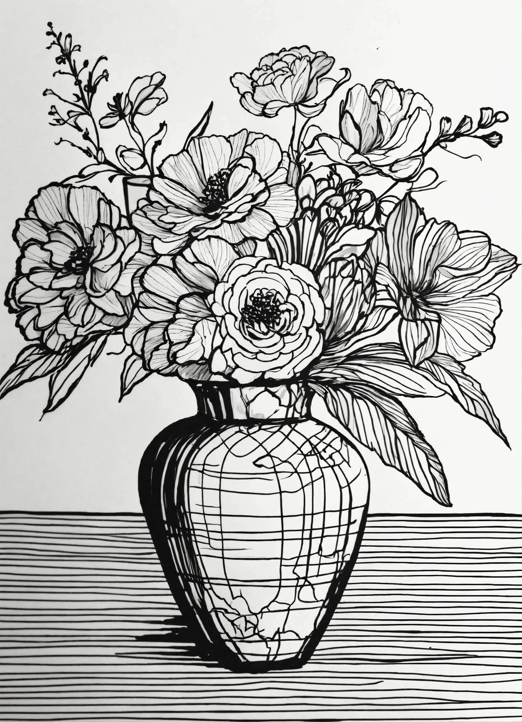 Lexica - Black and white bold line drawing, floral arrangement in vase ...