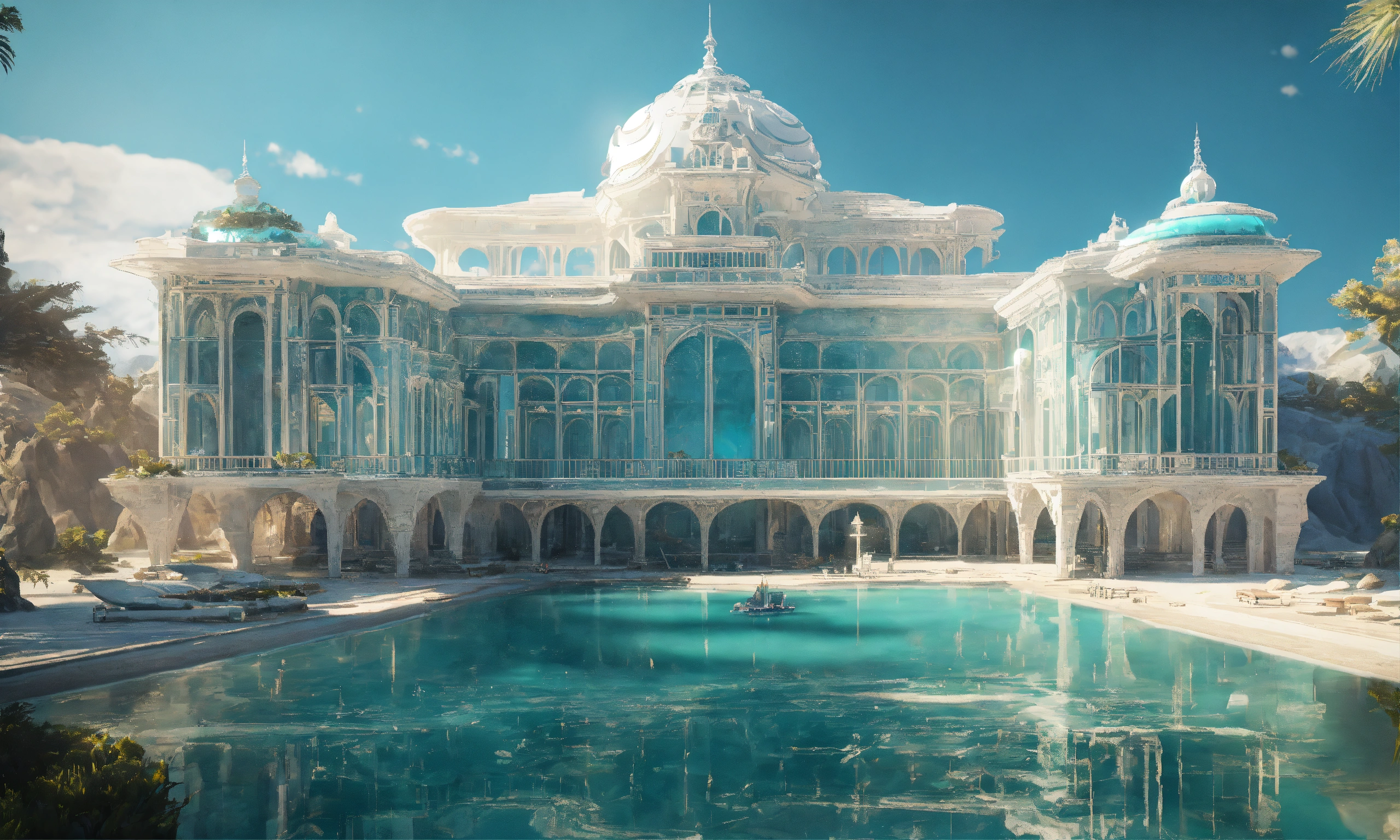 Lexica - Full image of a massive white sci fi palace with an aquamarine roof, built on a beach ...